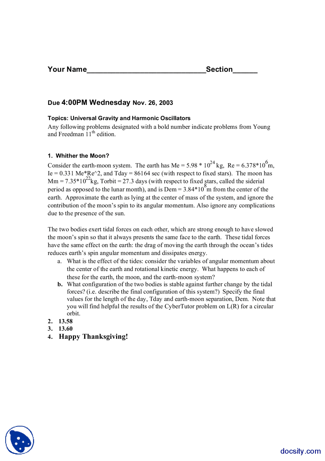 Universal Gravity And Harmonic Oscillators-Physics, Dynamics, Forces and Momentum-Assignment ...