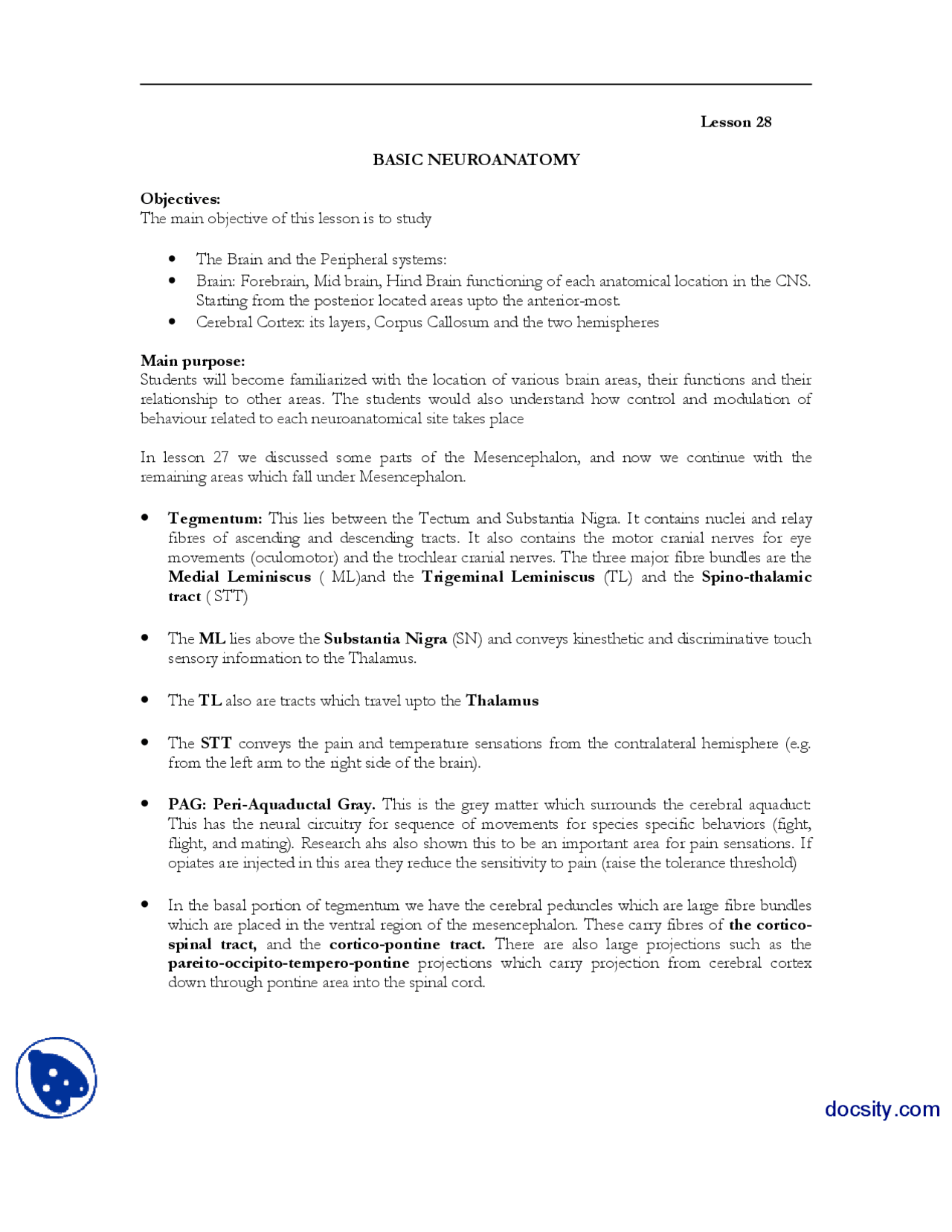 Basic Neuroanatomy 4 Neurological Basics Of Behaviour Handouts Docsity