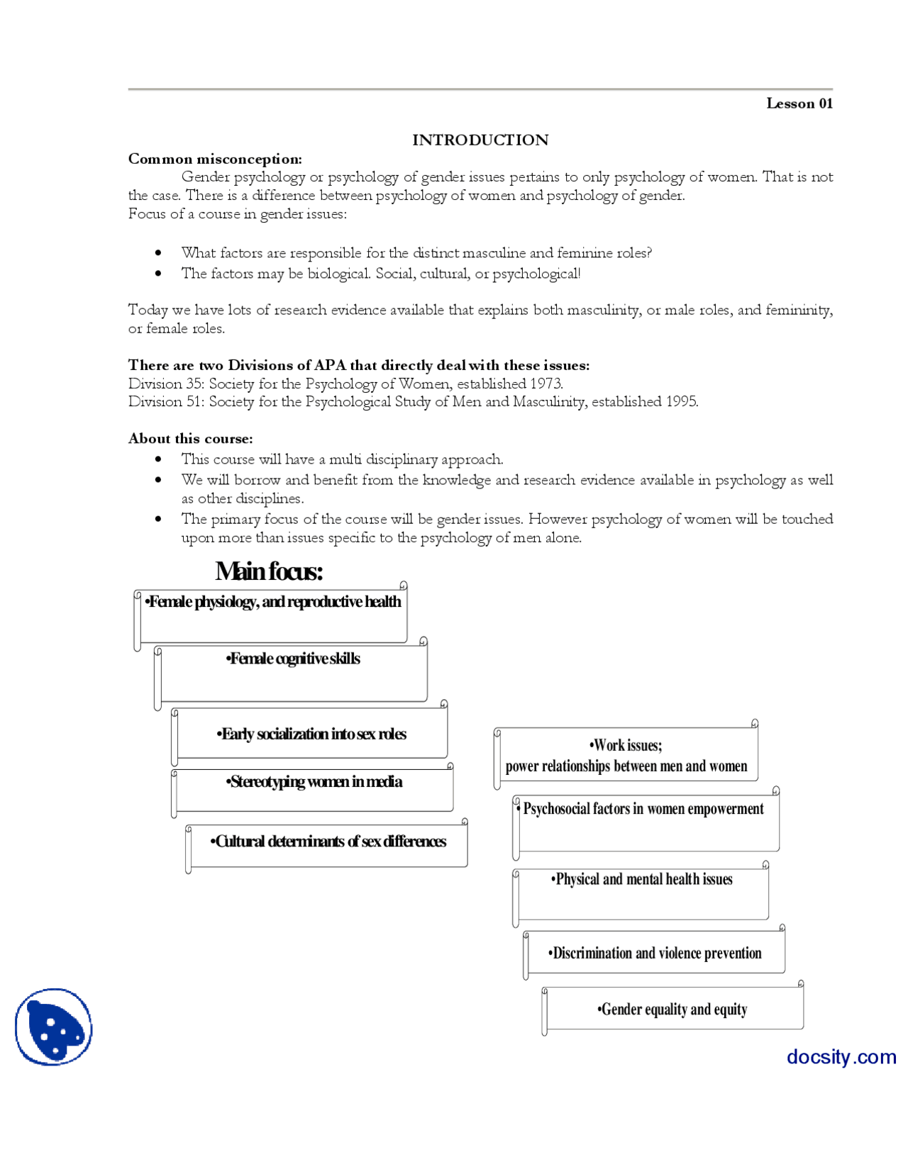 Introduction Gender Psychology Handouts Lecture Notes Gender