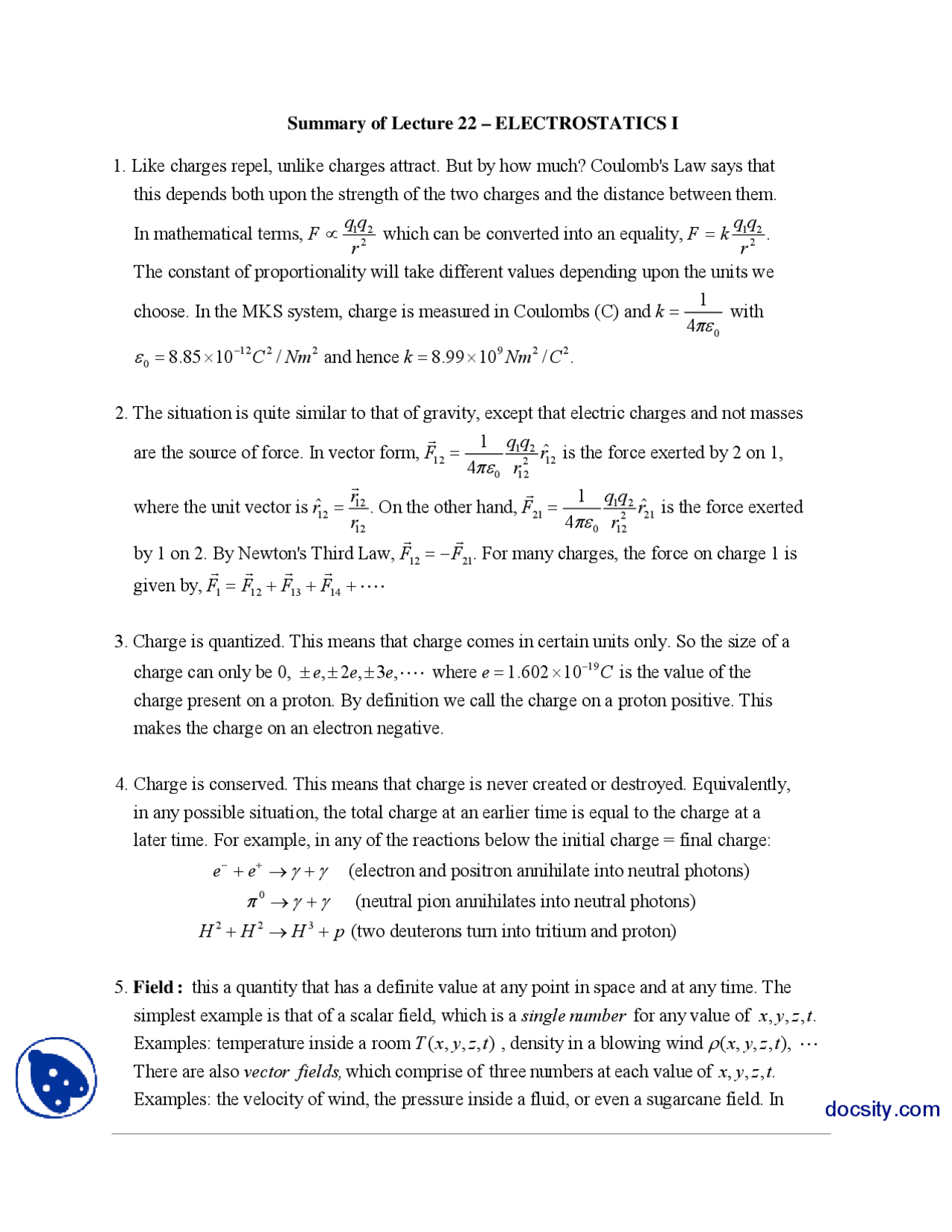 Electrostatics I Classical Physics Handouts Docsity