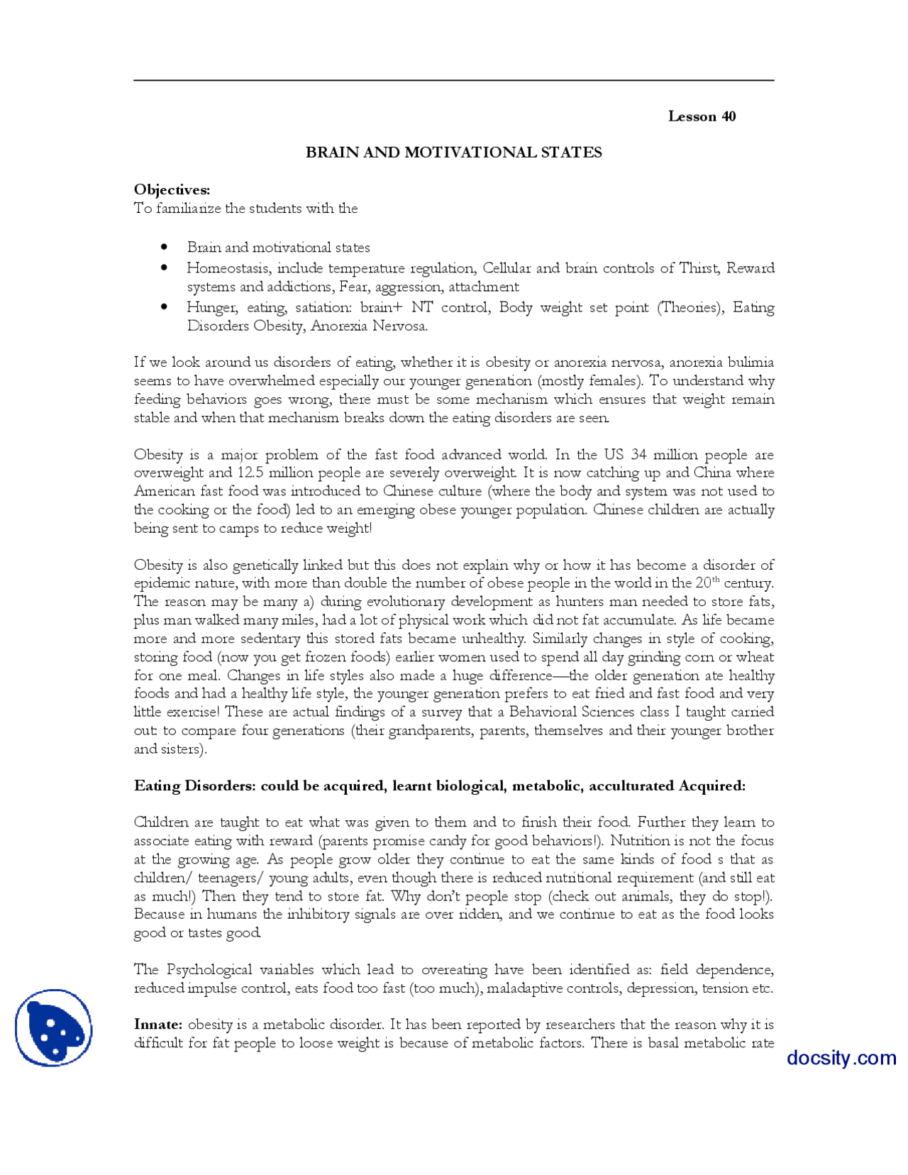 Understanding Homeostasis, Thirst, Hunger, and Eating Disorders: Brain ...