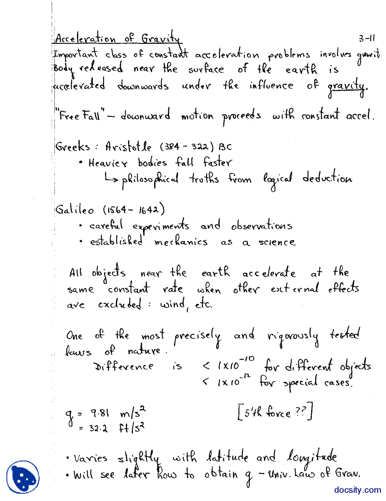 Acceleration Gravity Physics Lecture Notes Docsity