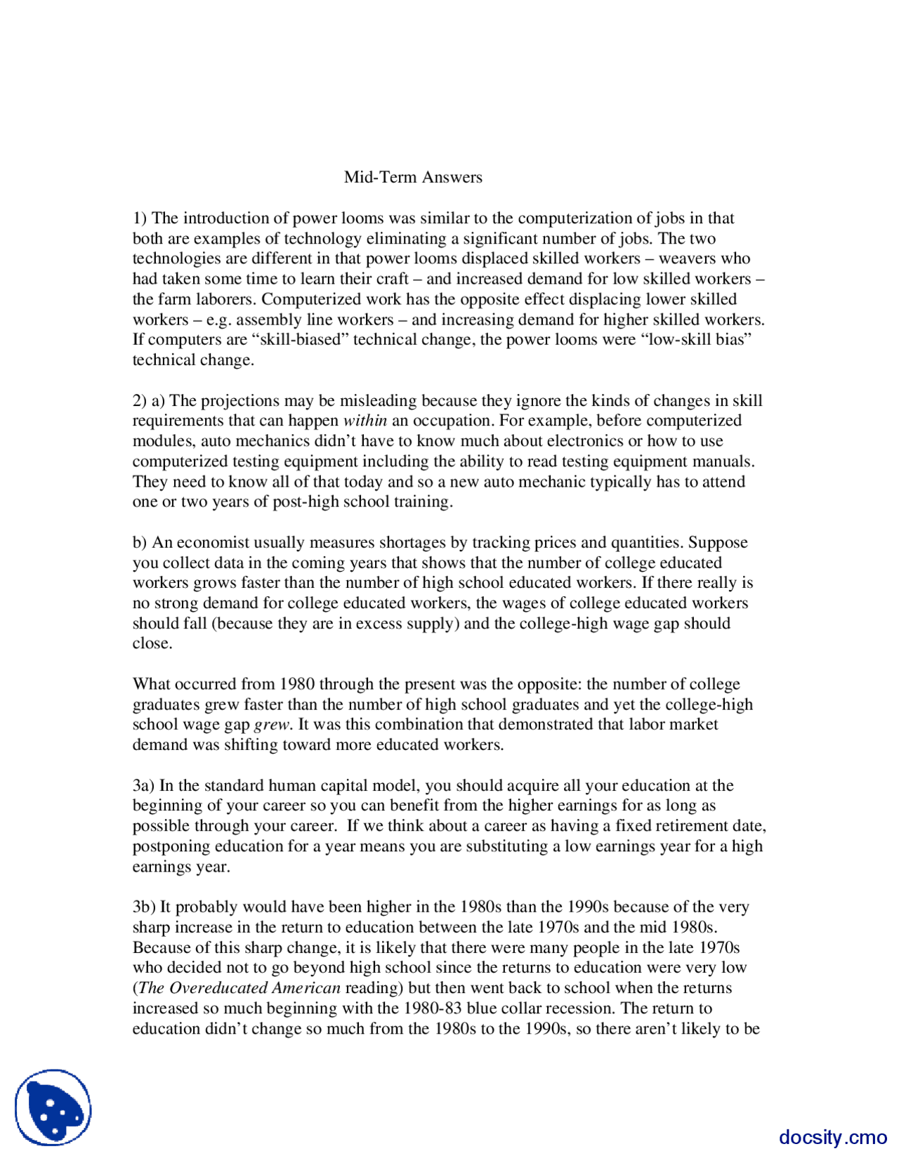 Midterm2006 Solution Education Economics Exam Paper Solution Docsity