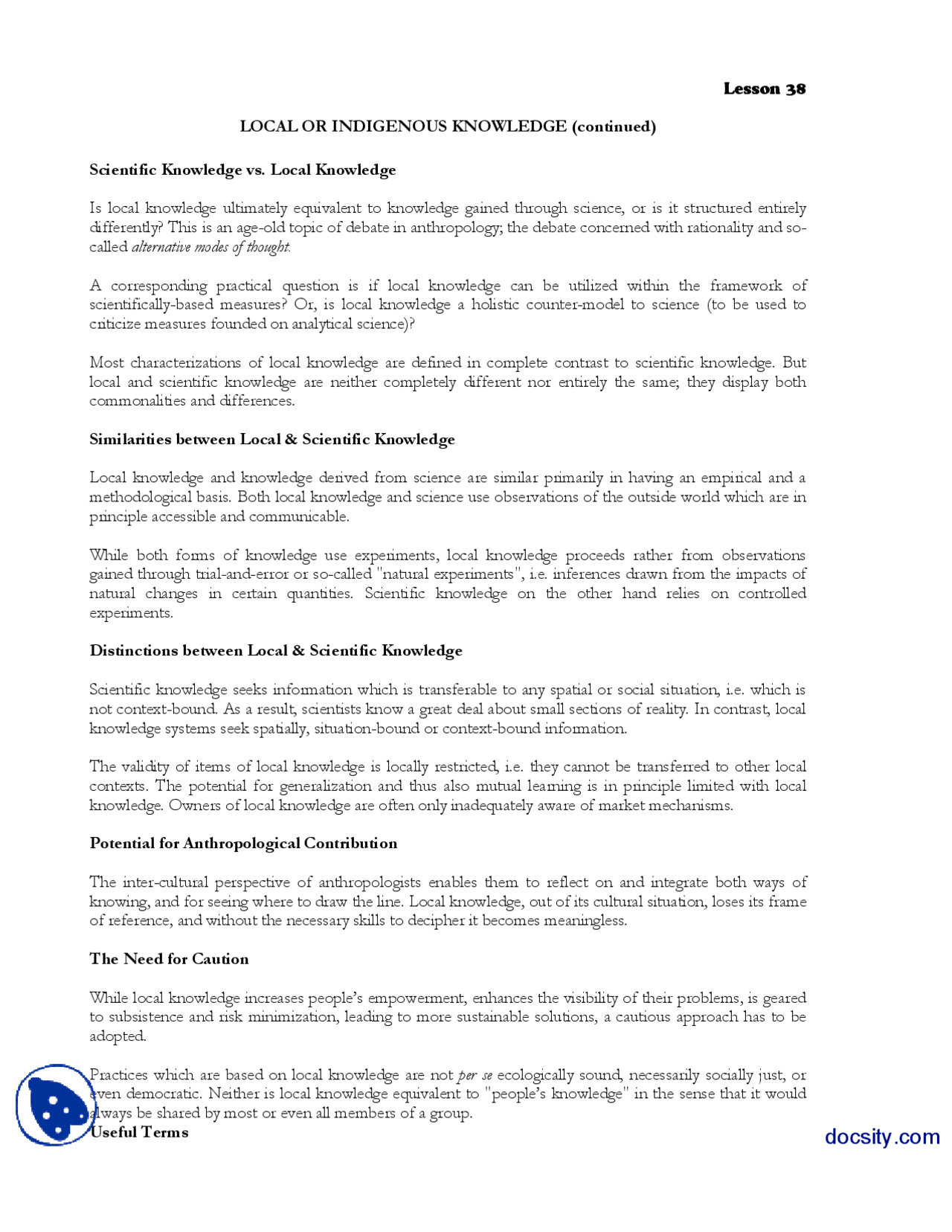 Local Knowlage Part2 Introduction To Cultural Anthropology Lecture Handout Docsity