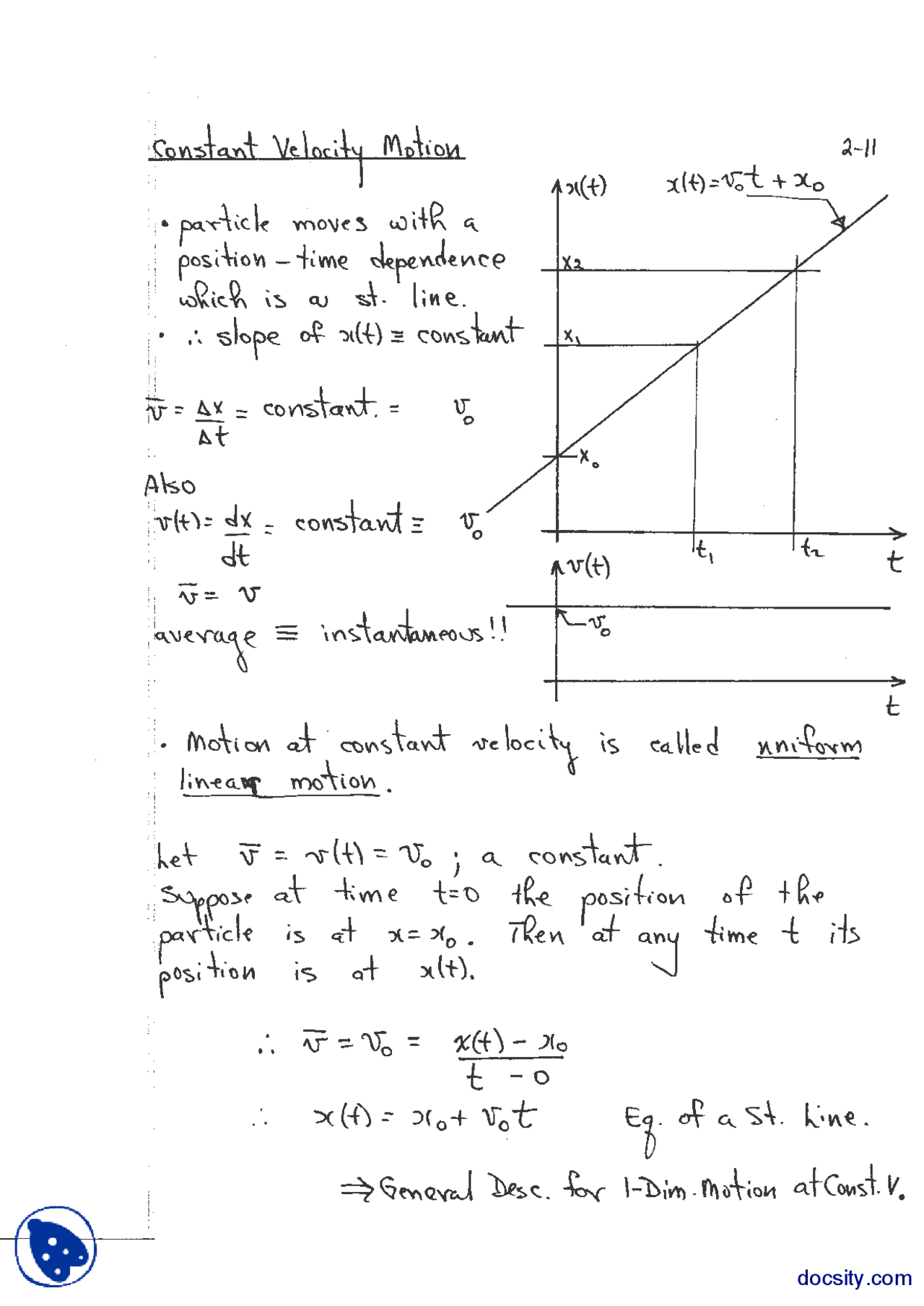 Constant Velocity Physics Lecture Notes Docsity