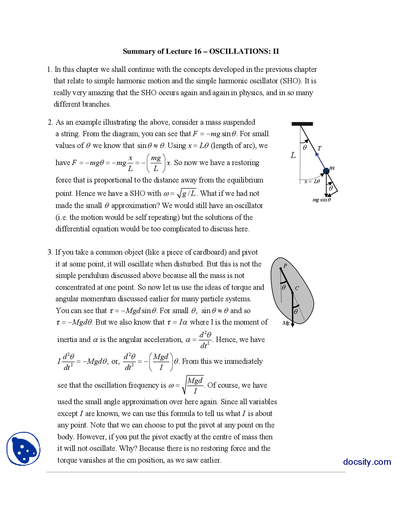 Oscillations Ii Classical Physics Handouts Docsity