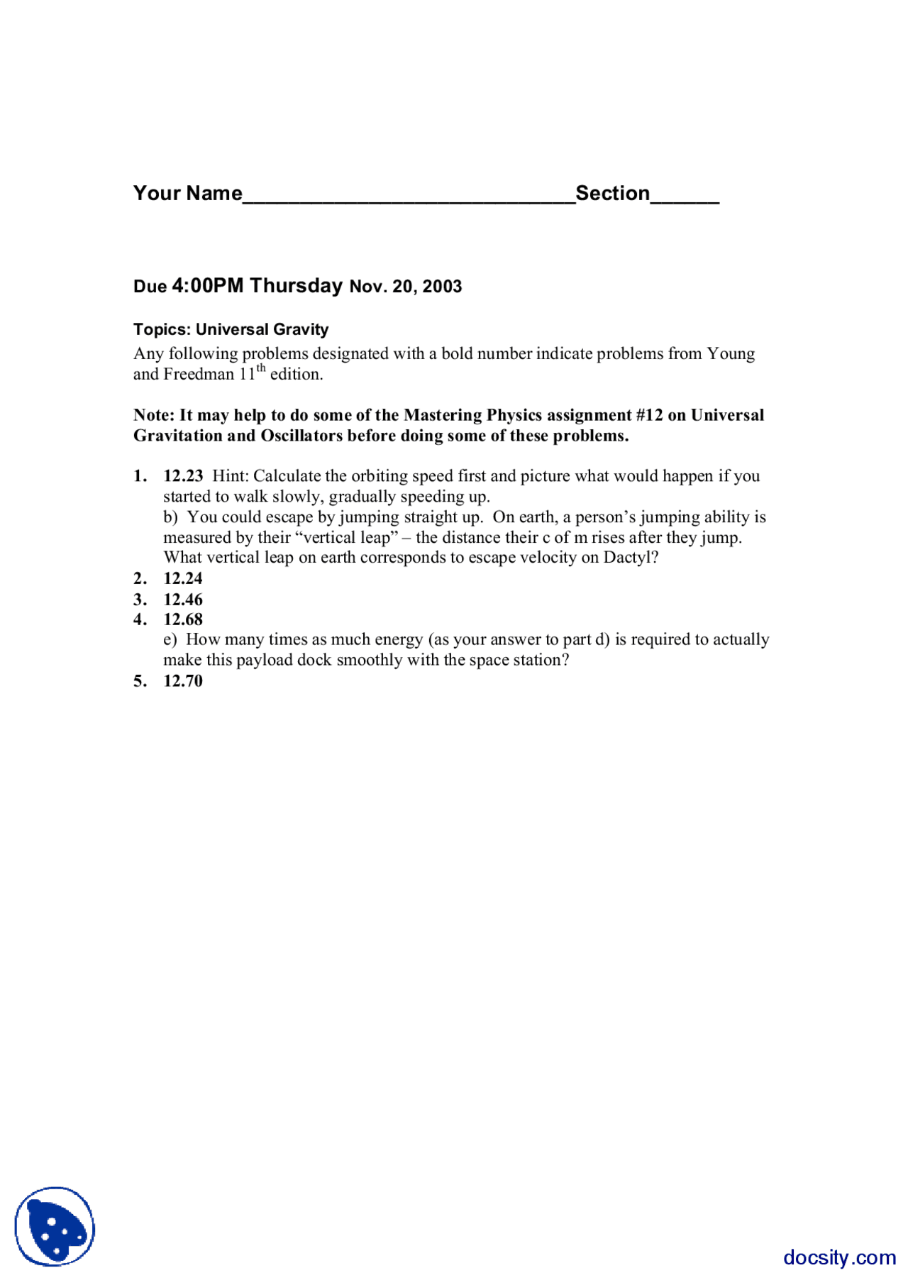 Universal Gravity Physics Dynamics Forces And Momentum Assignment