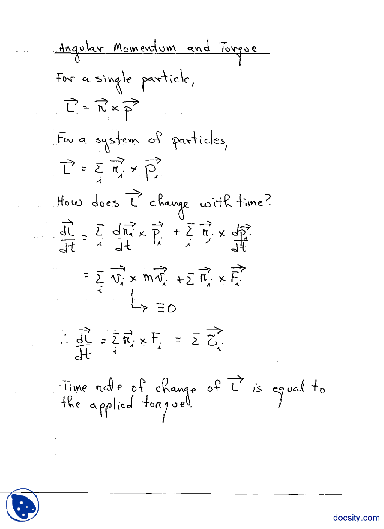 Angular Momentum And Torque Physics Lecture Notes Docsity