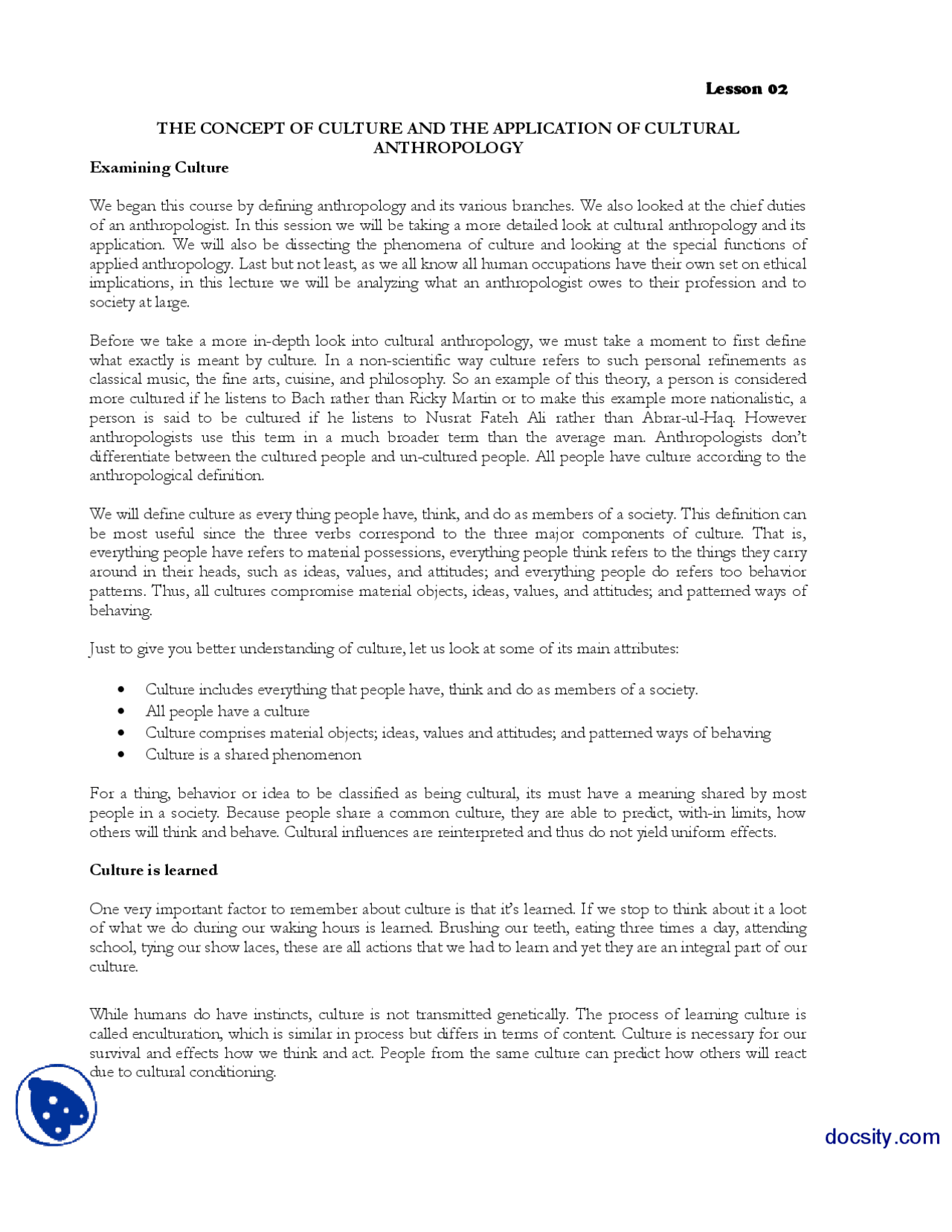 Examining Culture Introduction To Cultural Anthropology Lecture Handout