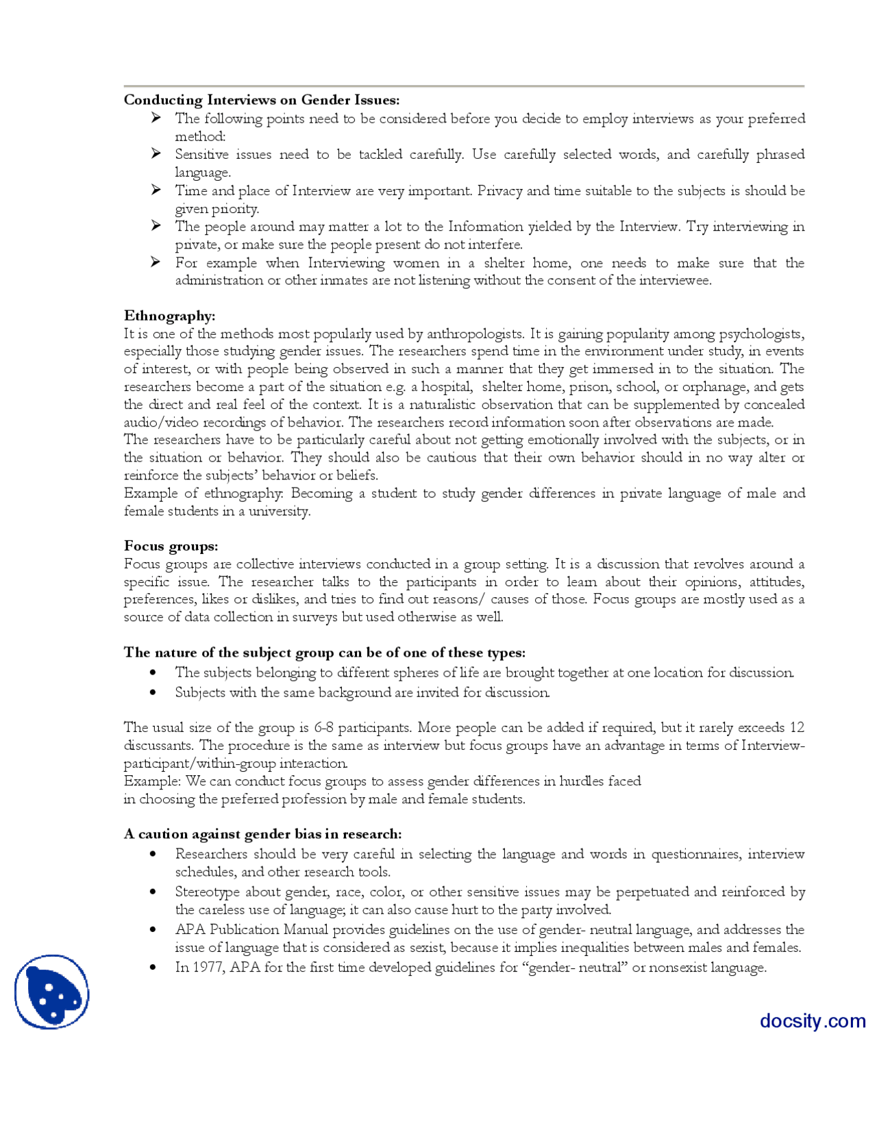 Conducting Interviews On Gender Issue-Gender Psychology-Handouts - Docsity