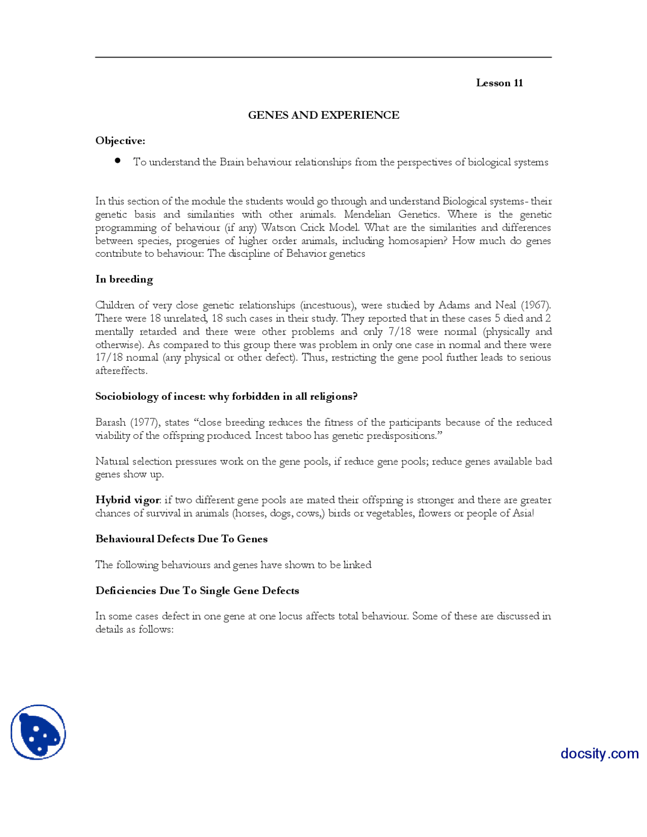 Genes And Experience 4 Neurological Basics Of Behaviour Handouts Docsity