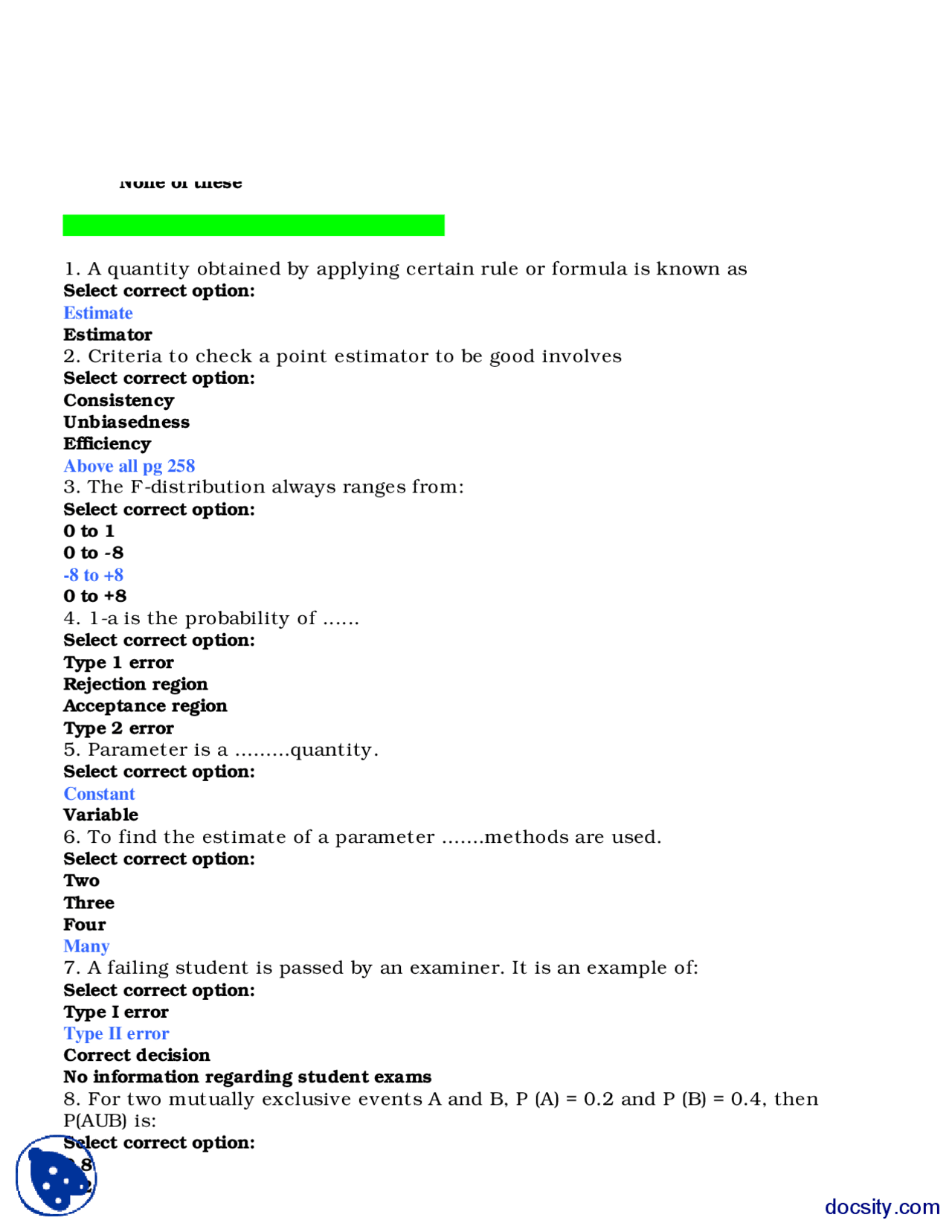 Estimate Statistics Solved Quizes Docsity