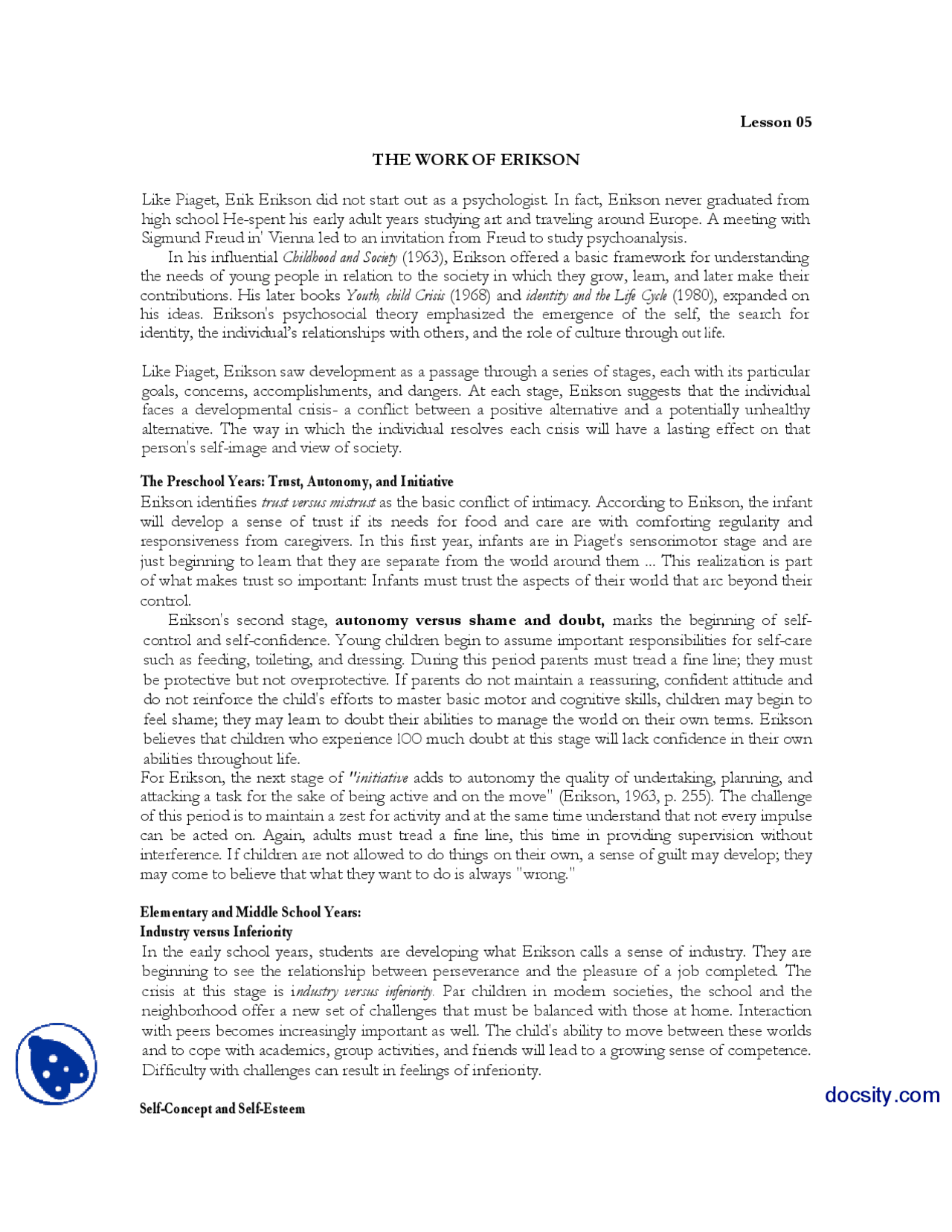 The Work Of Erikson Educational Psycology Lecture Handouts Docsity