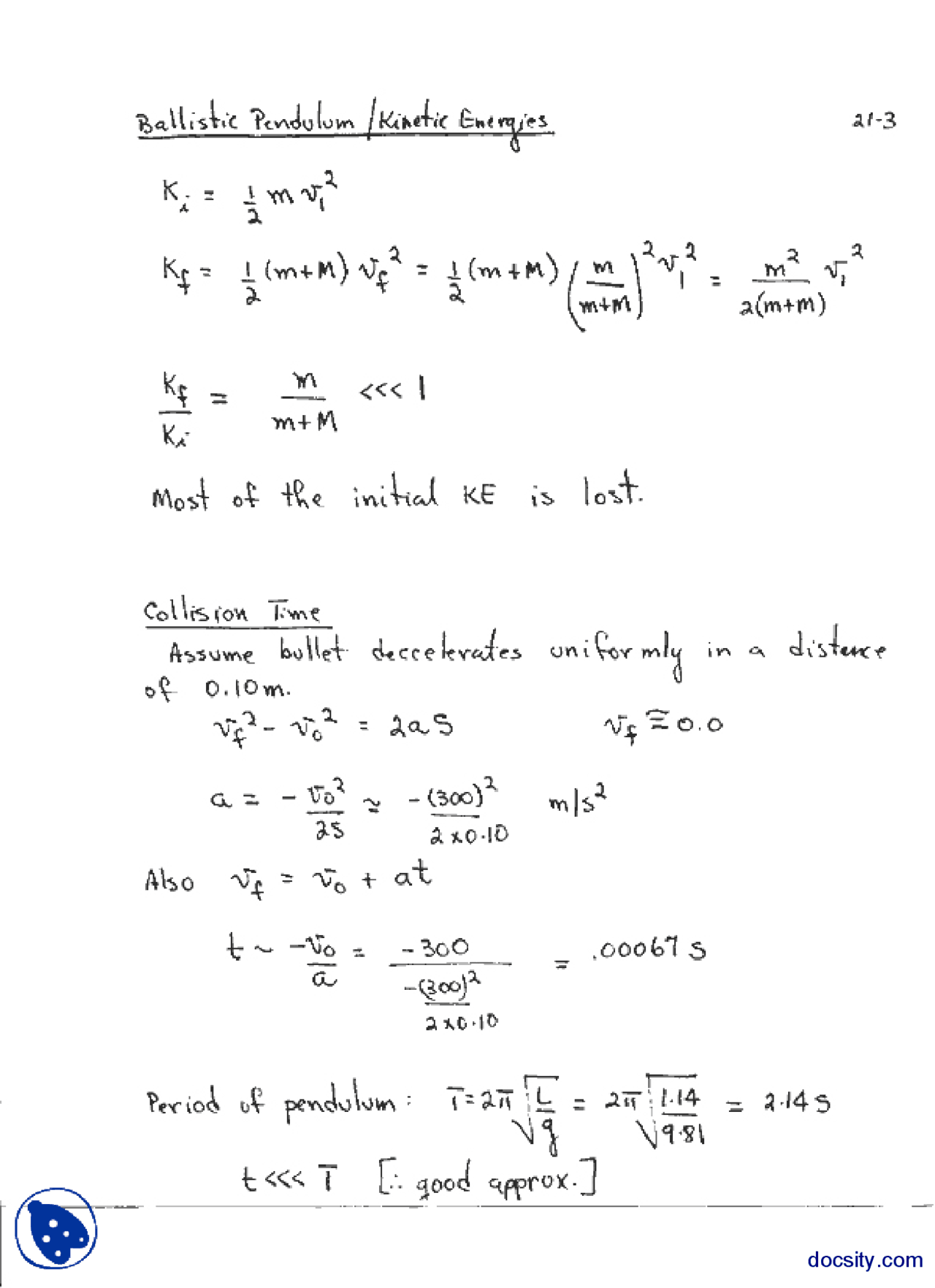 Ballistic Pendulum Physics Lecture Notes Docsity
