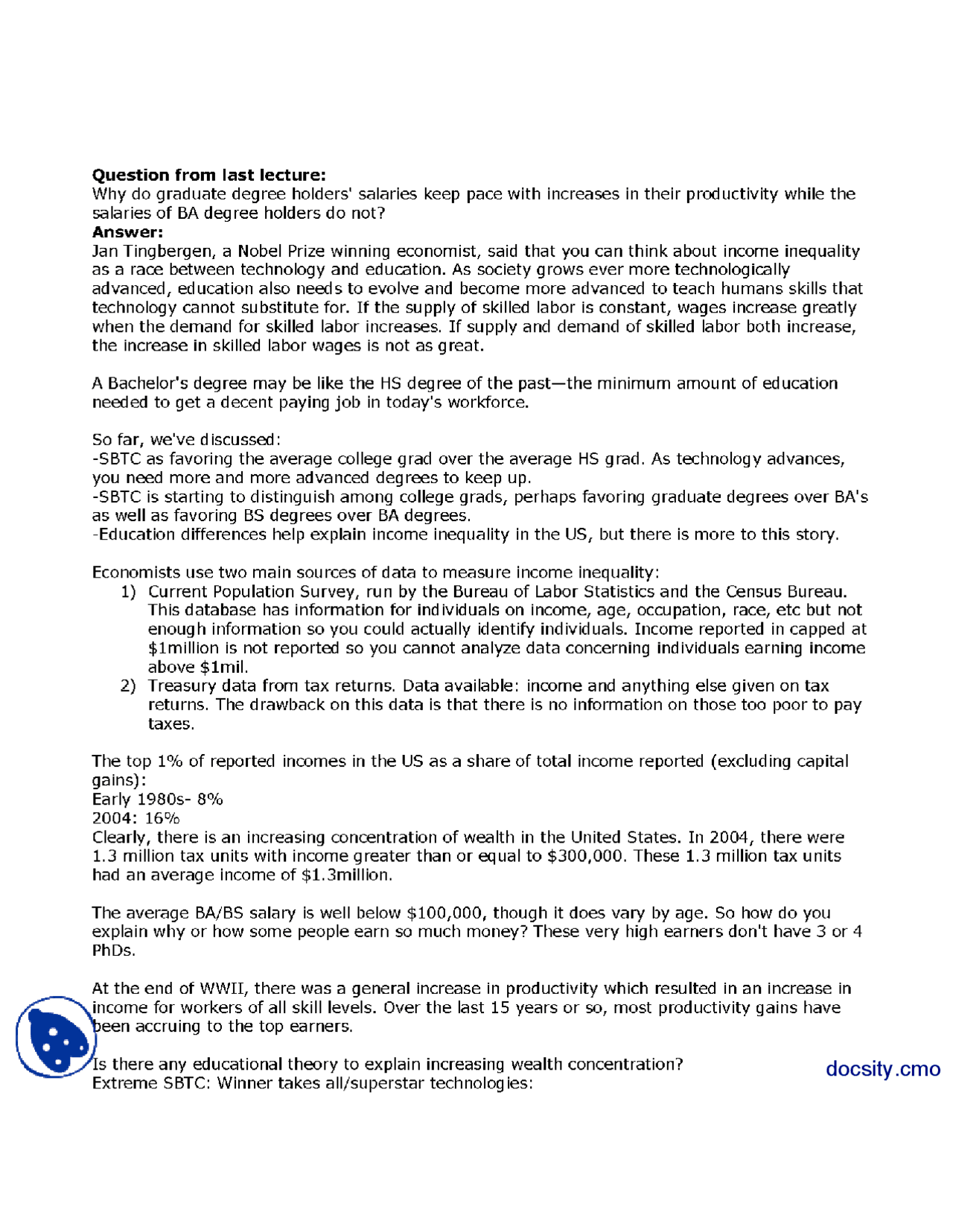 Questions Education Economics Lecture Handout Docsity