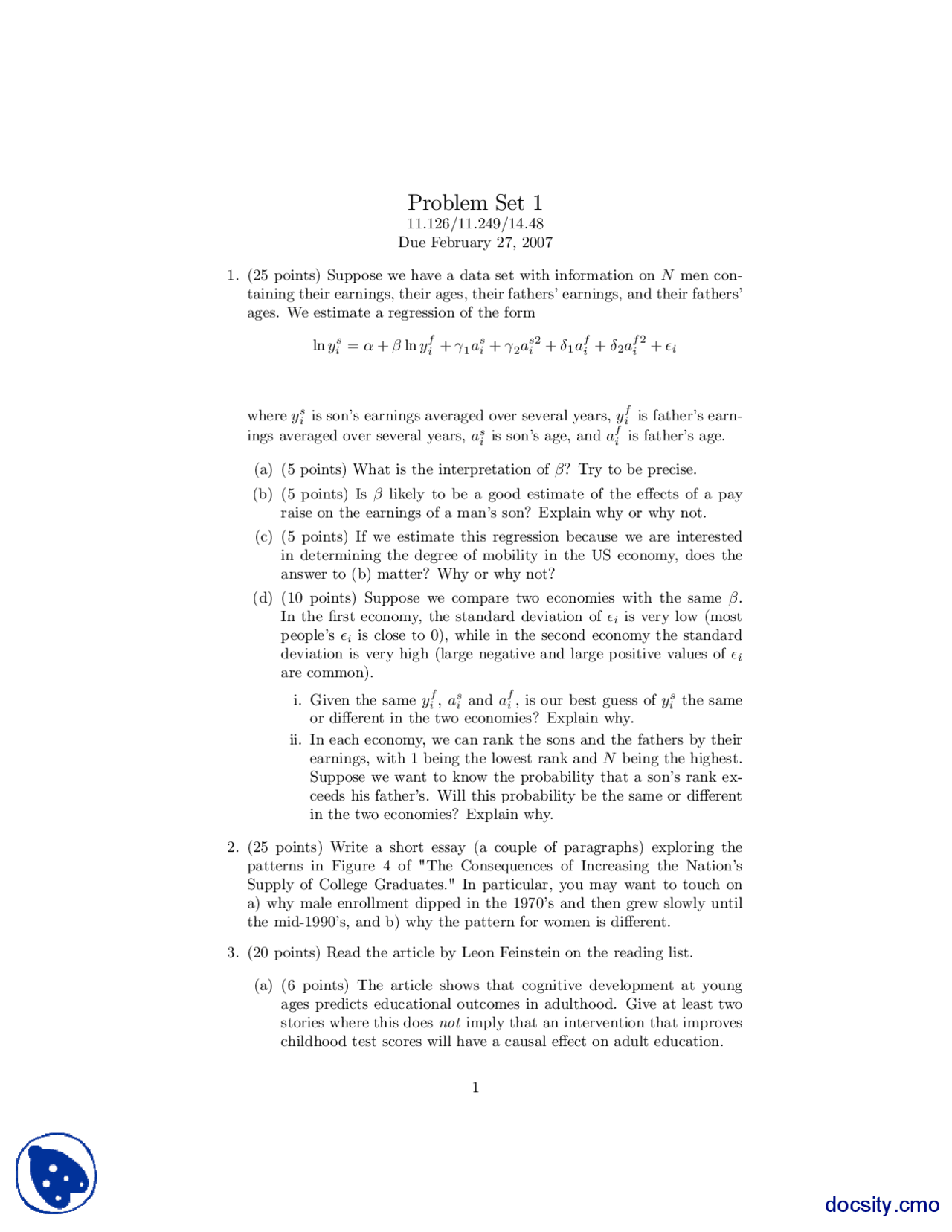 Problem Set 1 Education Economics Assignment Docsity