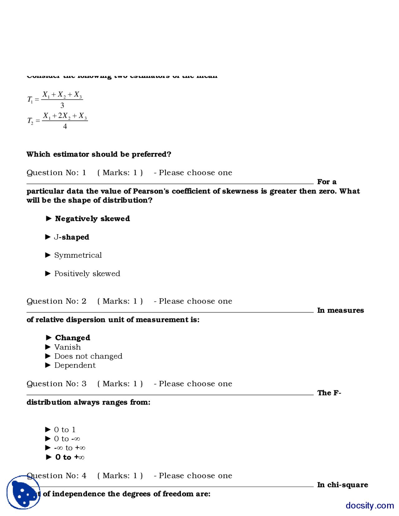 Estimator Statistics Solved Quizes Docsity
