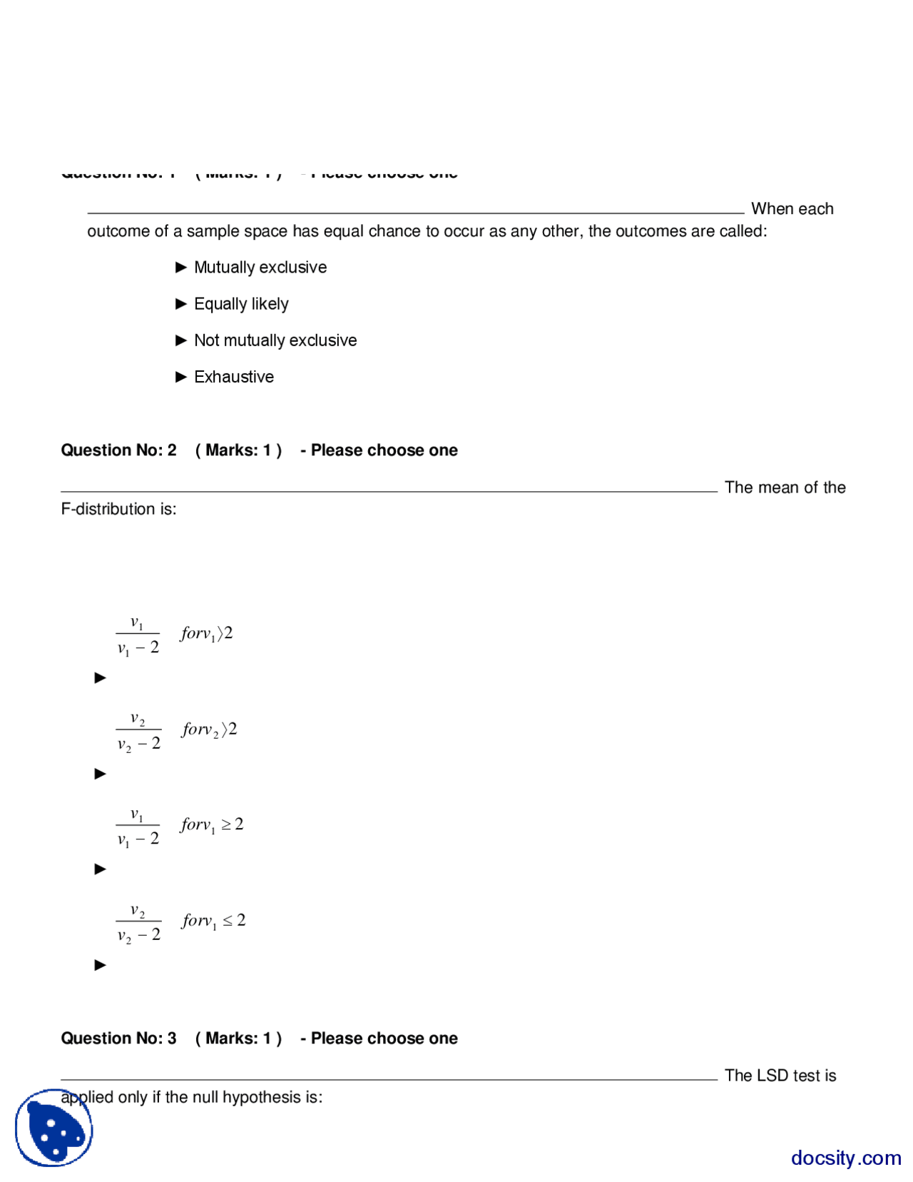Outcome Of A Sample Statistics Solved Quizes Docsity