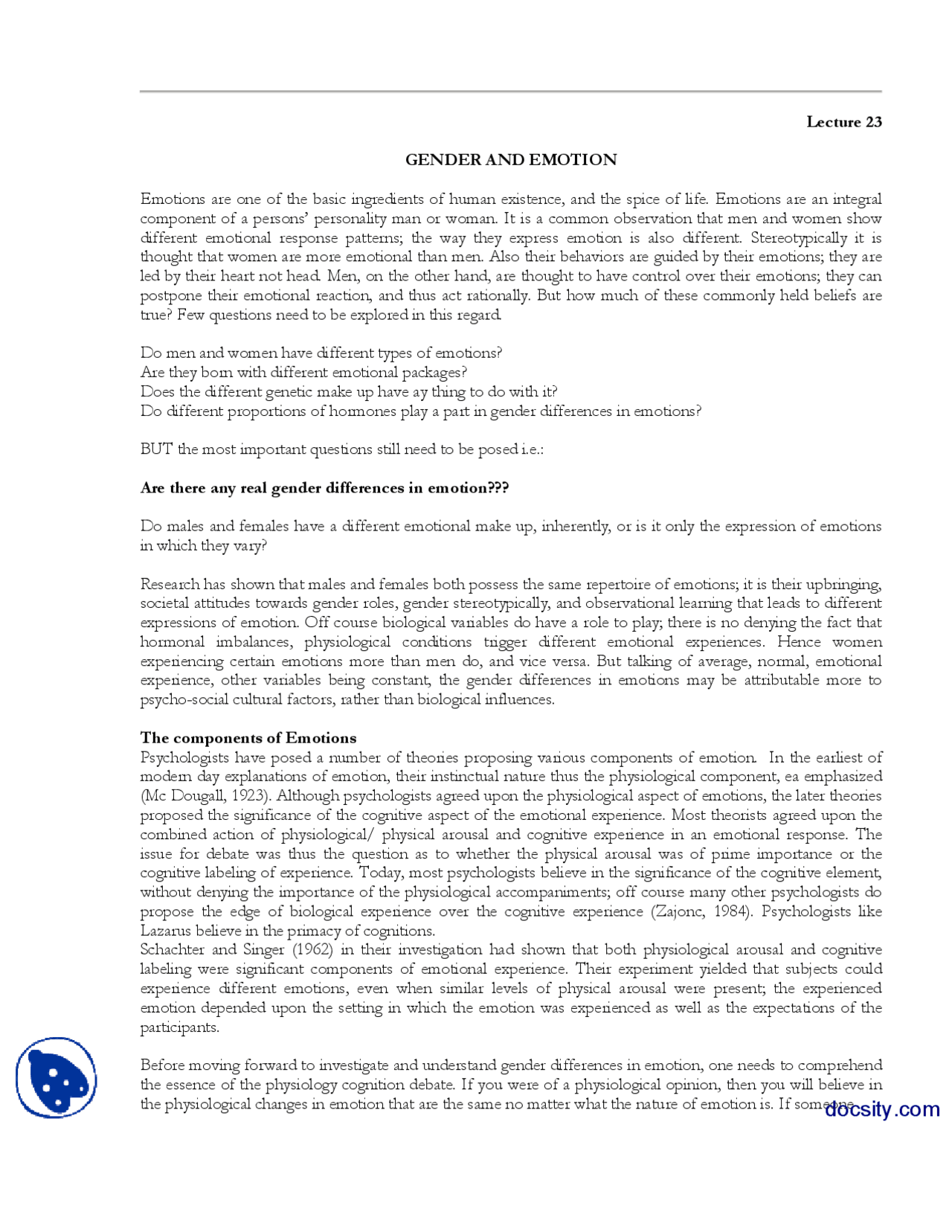 Gender And Emotion-Gender Psychology-Handouts | Lecture notes Gender ...