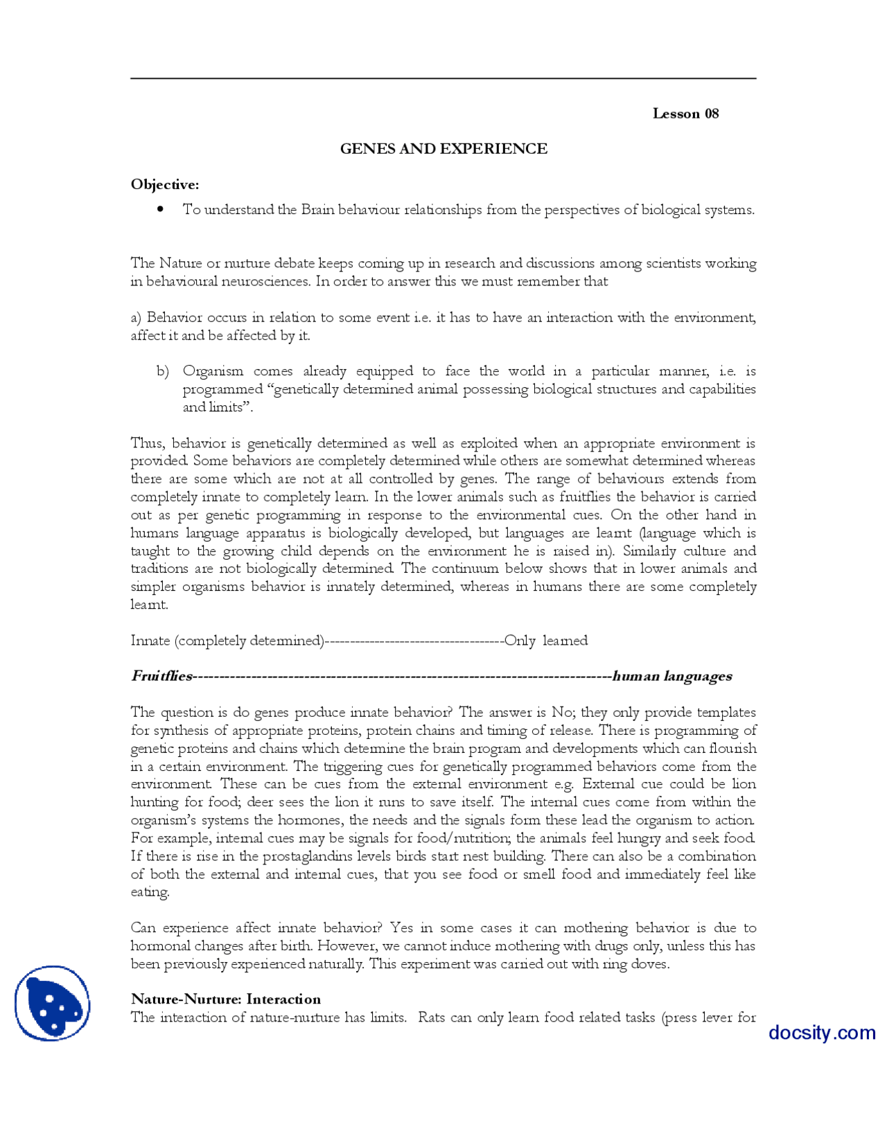 Genes And Experience Neurological Basics Of Behaviour Handouts Docsity