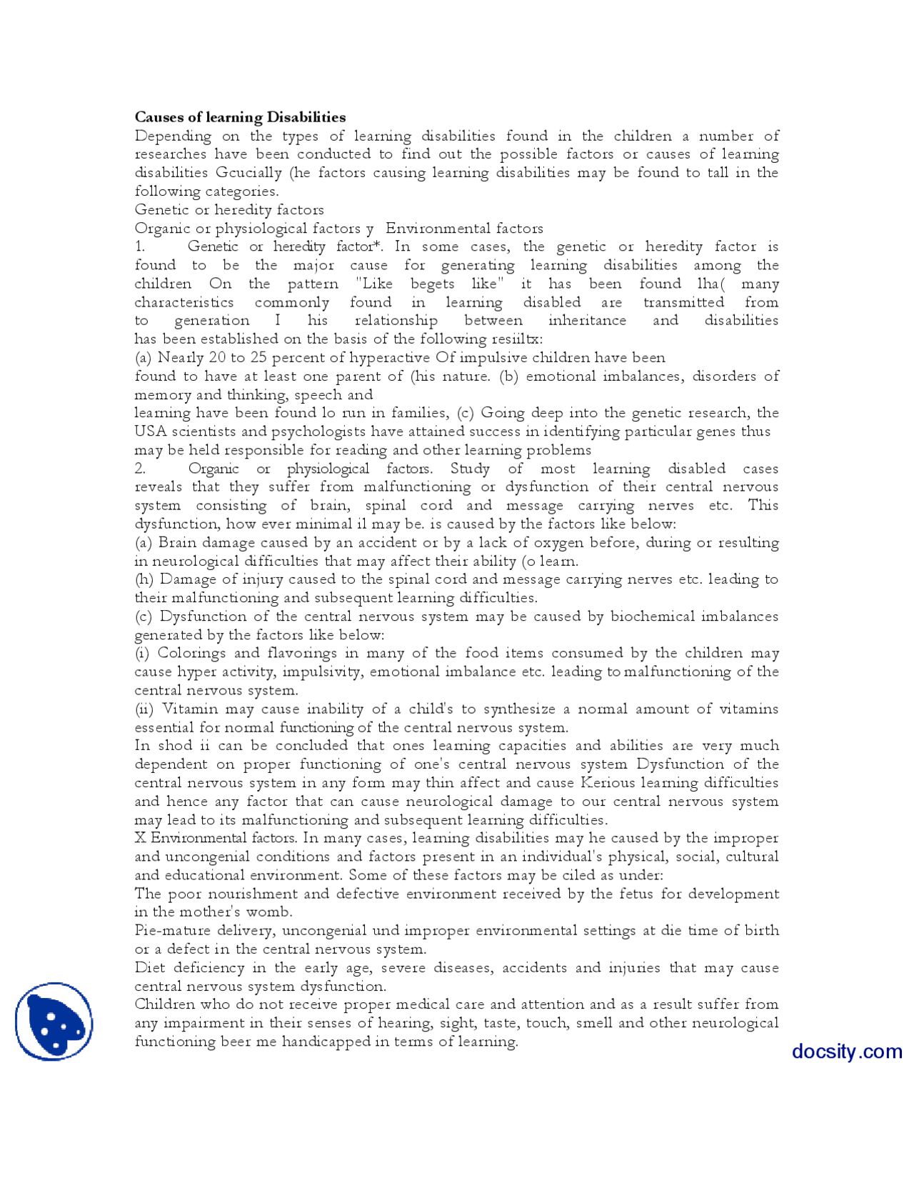 Causes Of Learning Disabilities Educational Psycology Lecture Handouts