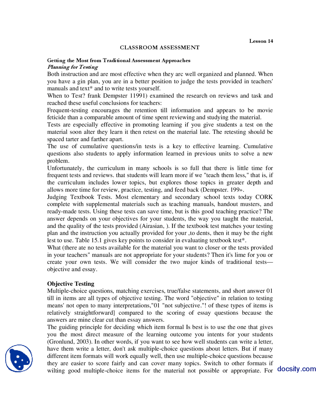 Classroom Assessment Educational Psycology Lecture Handouts Docsity