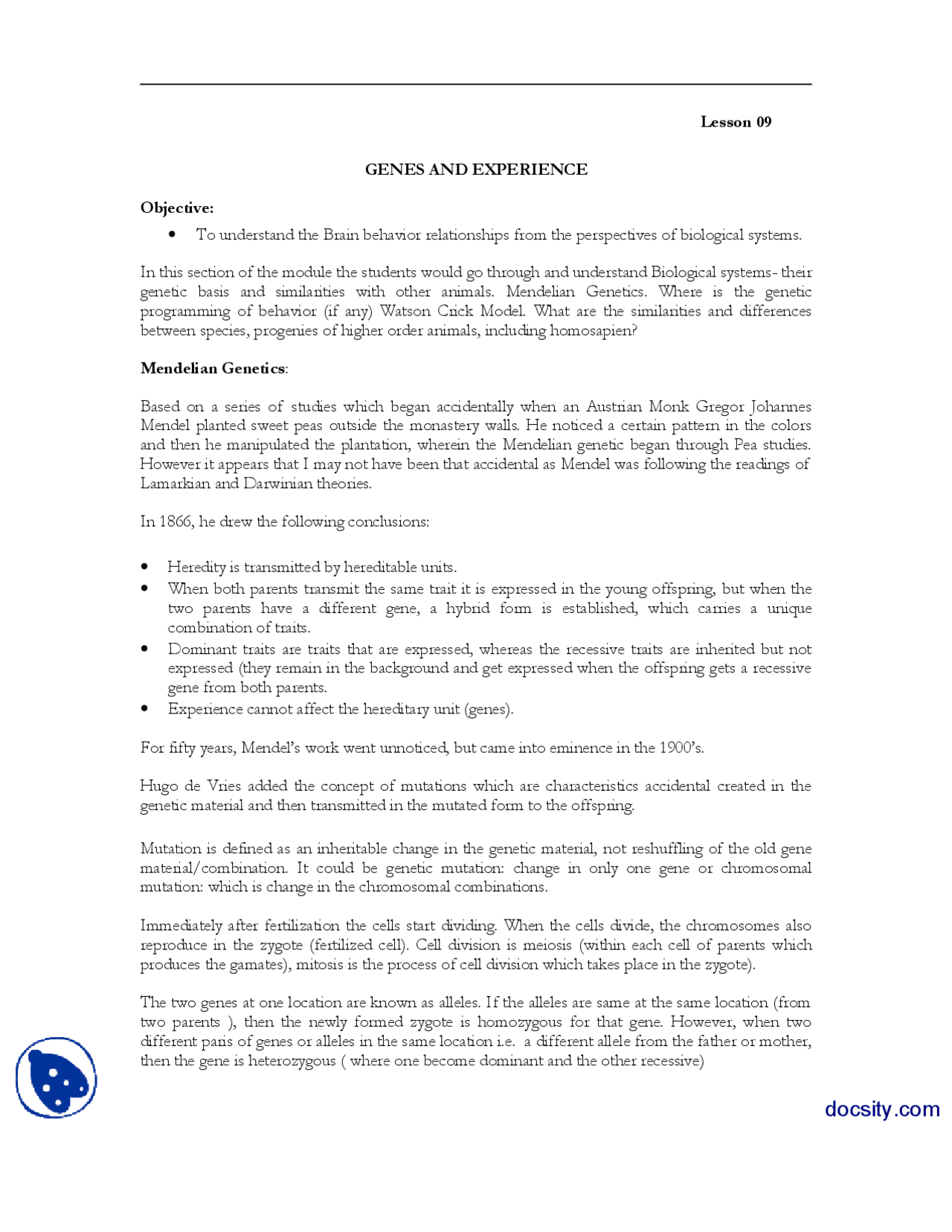 Genes And Experience 2 Neurological Basics Of Behaviour Handouts Docsity