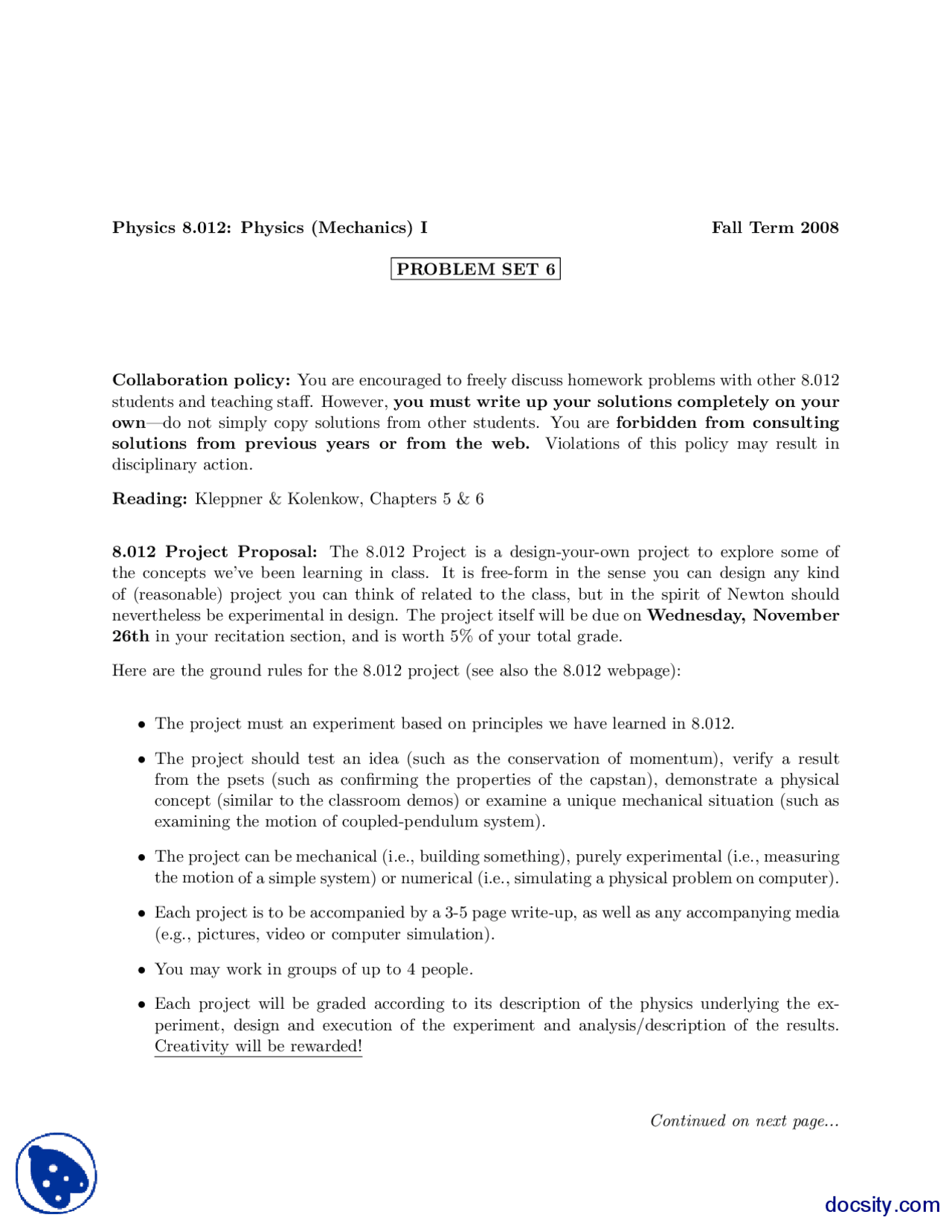 Collaboration Policy 1 Classical Physics Assignments Docsity