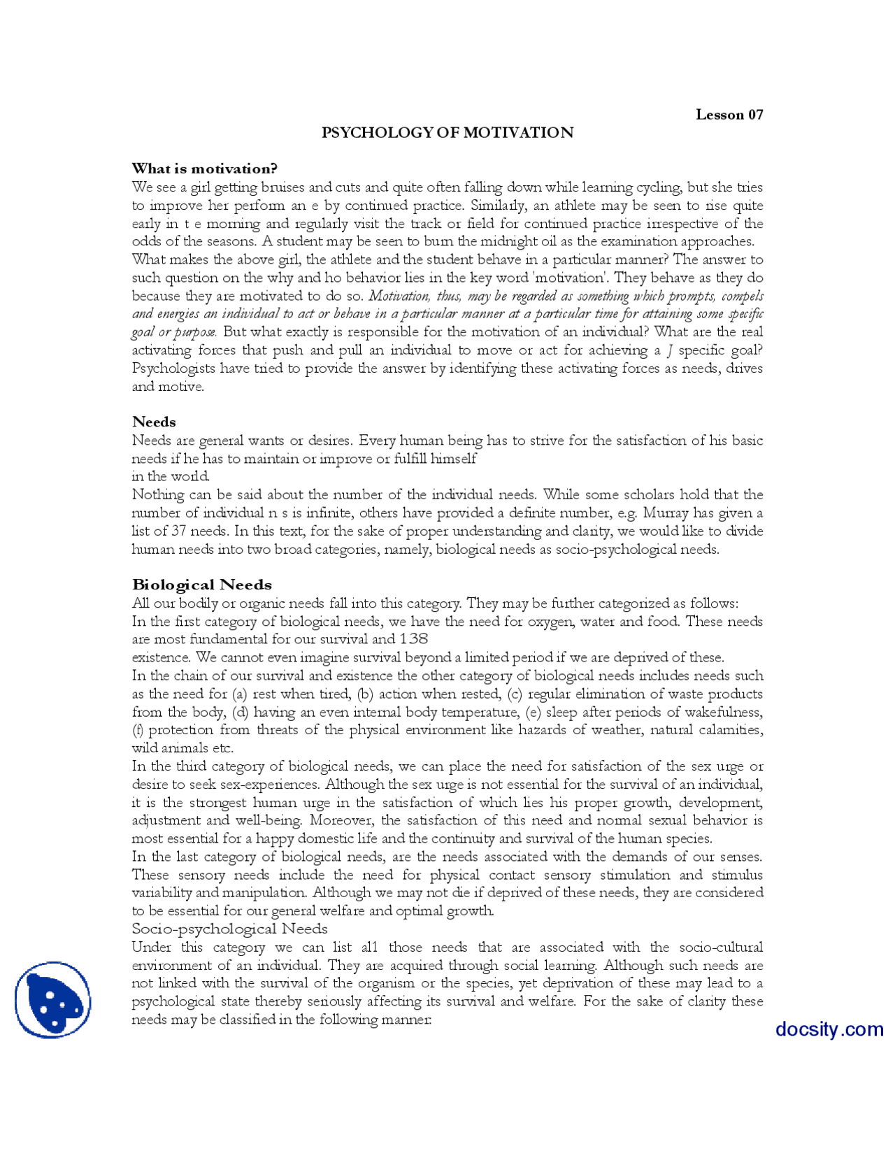 Psychology Of Motivation-Educational Psycology-Lecture Handouts - Docsity