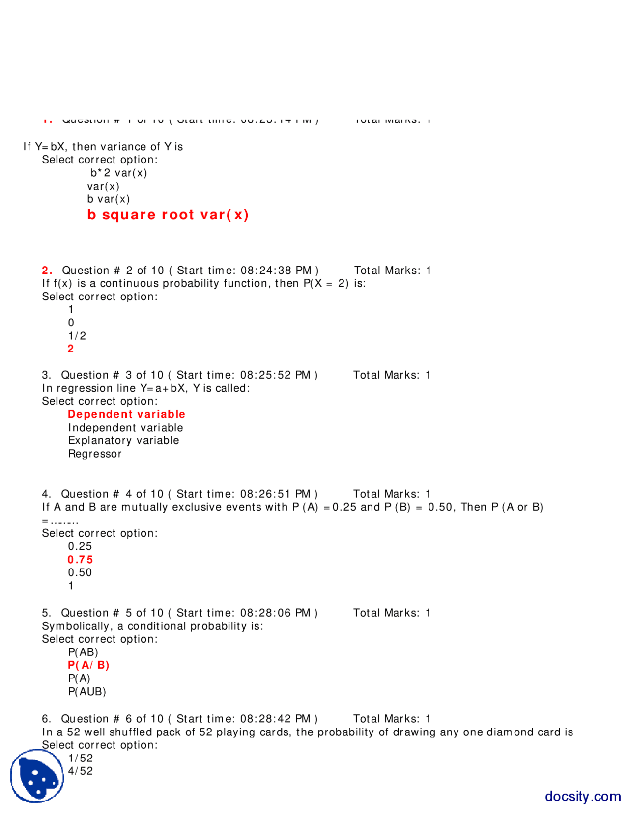 Square Root Statistics Solved Quizes Docsity