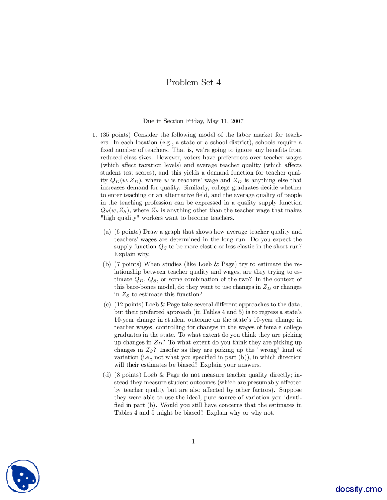 Problem Set 4 Education Economics Assignment Docsity