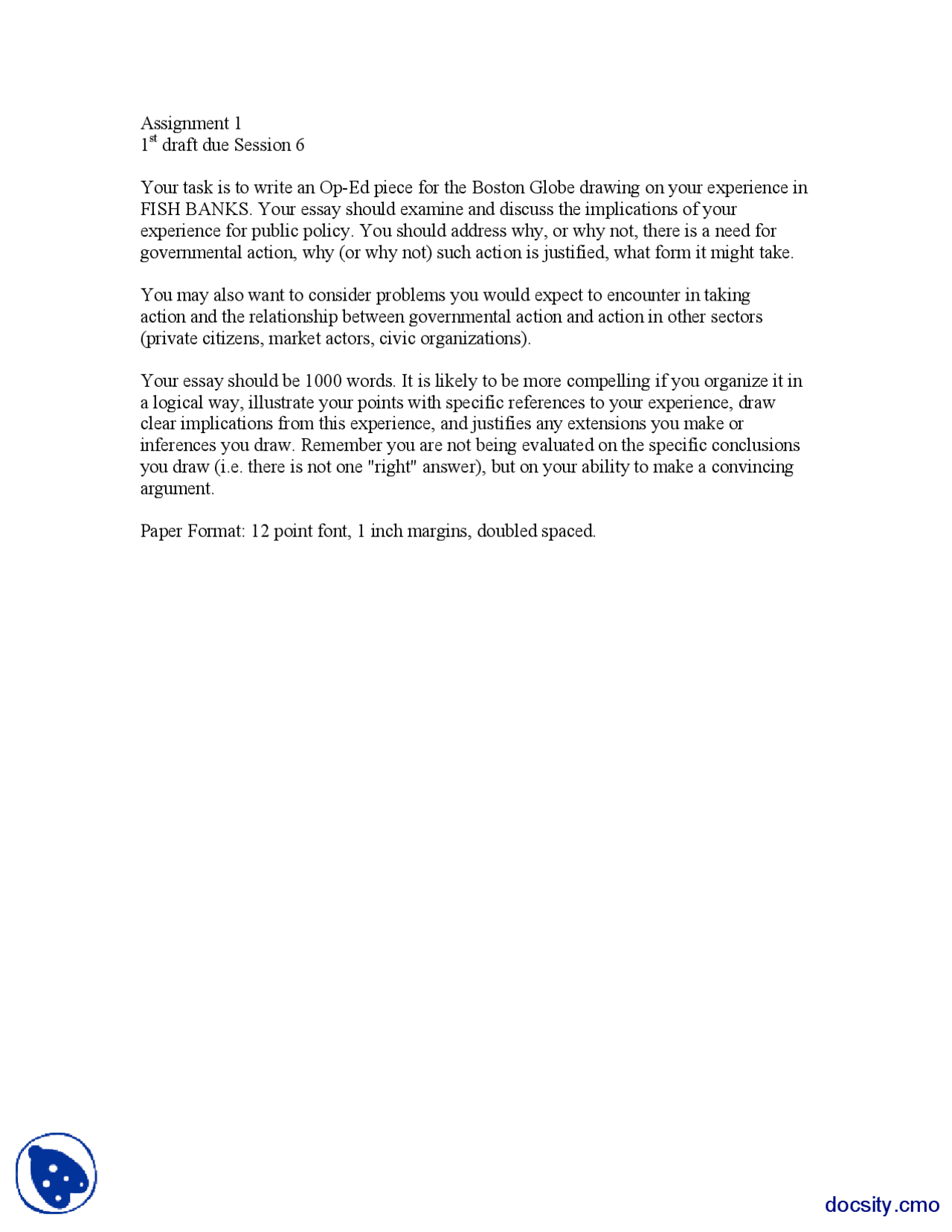 Assignment 1 Public Policy Assignment Docsity