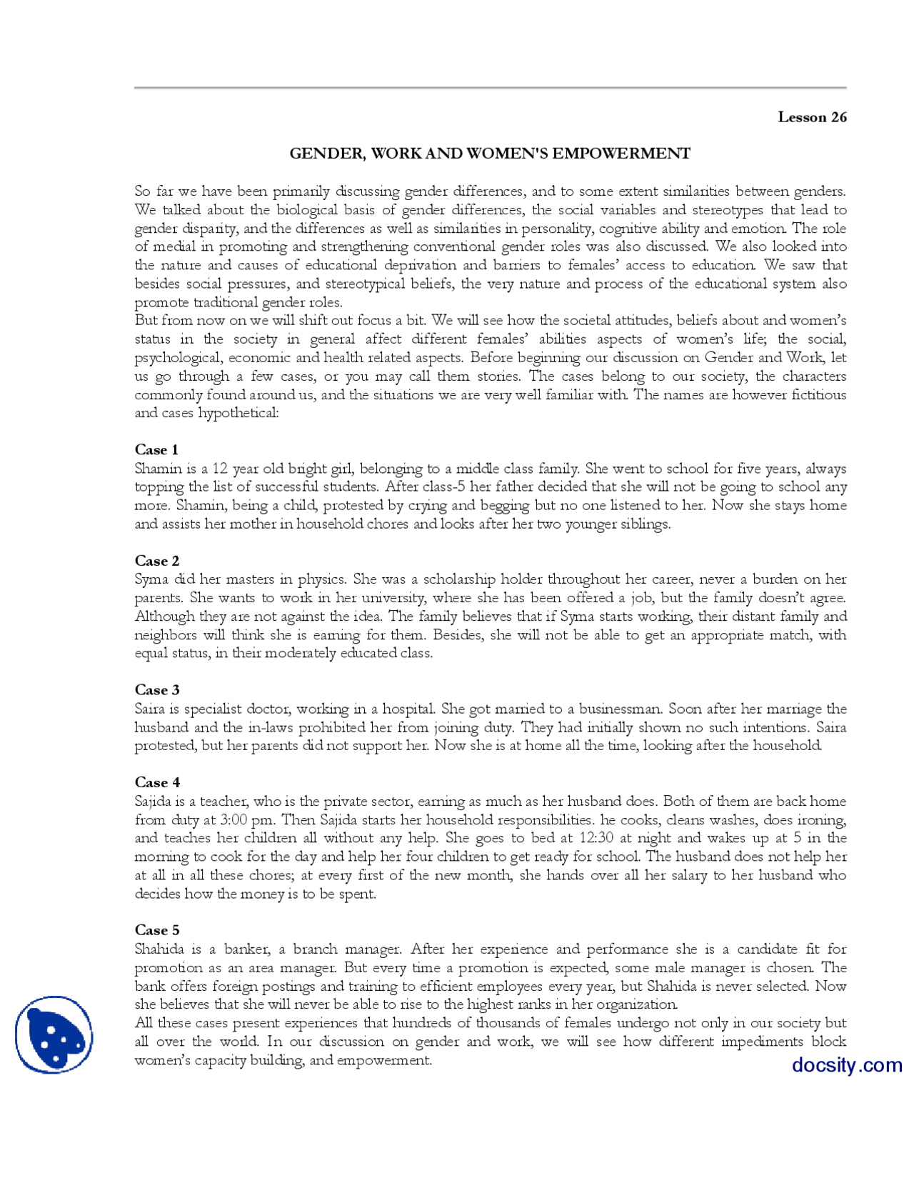 Gender Work And Women's Empowerment-Gender Psychology-Handouts - Docsity