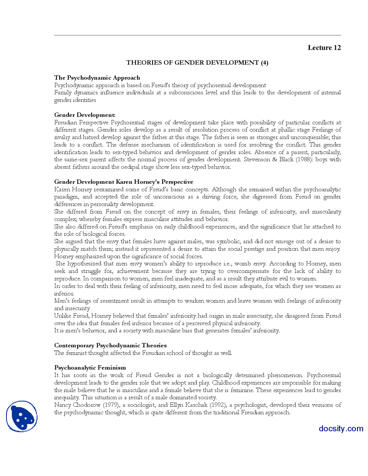 Theories Of Gender Development 4 Gender Psychology Handouts Docsity