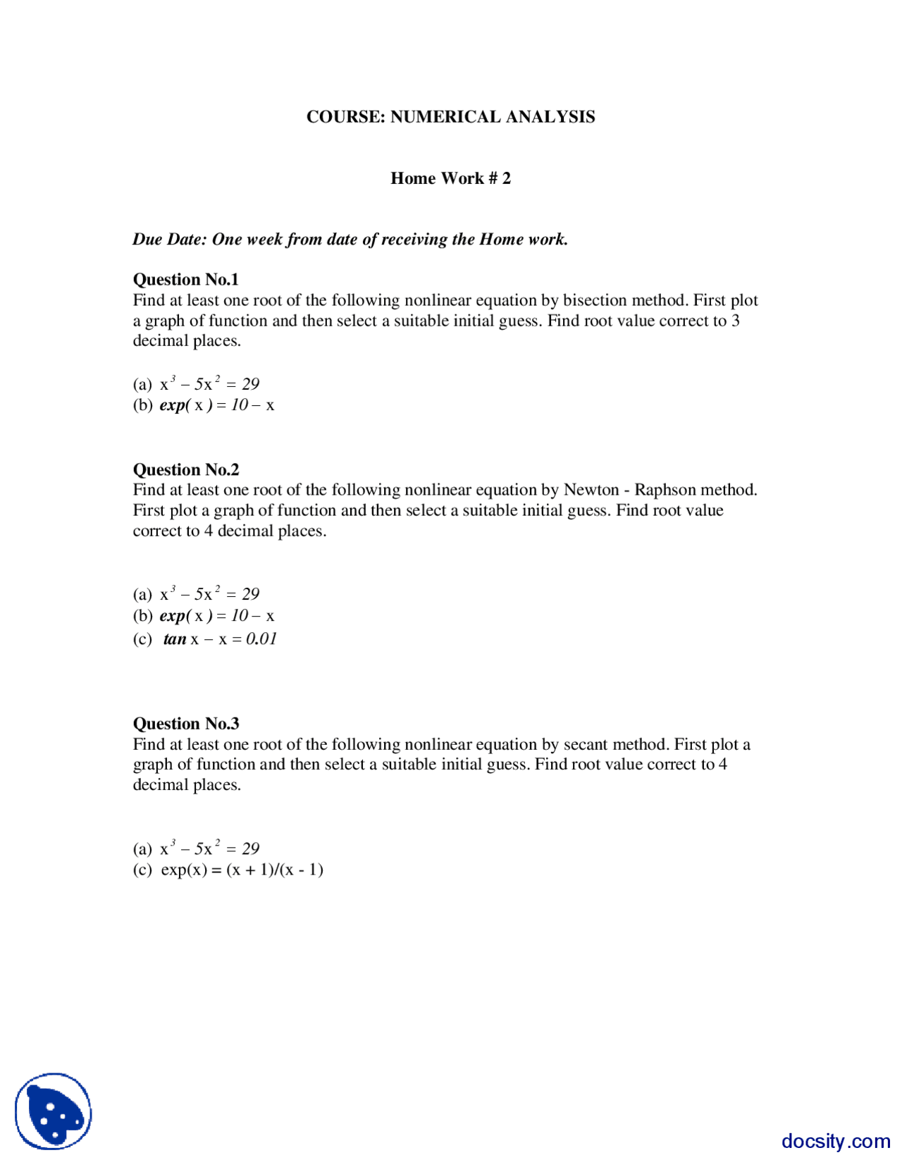 Numerical Analysis Stochastic Process Home Work Docsity