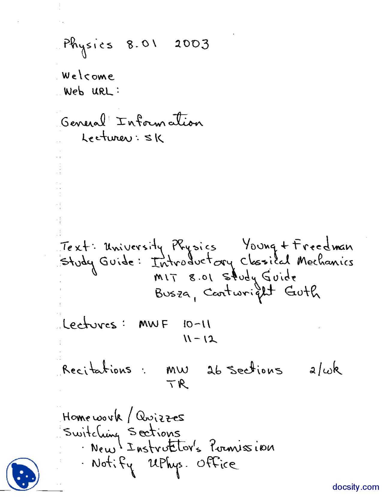 General Information Physics Lecture Notes Docsity