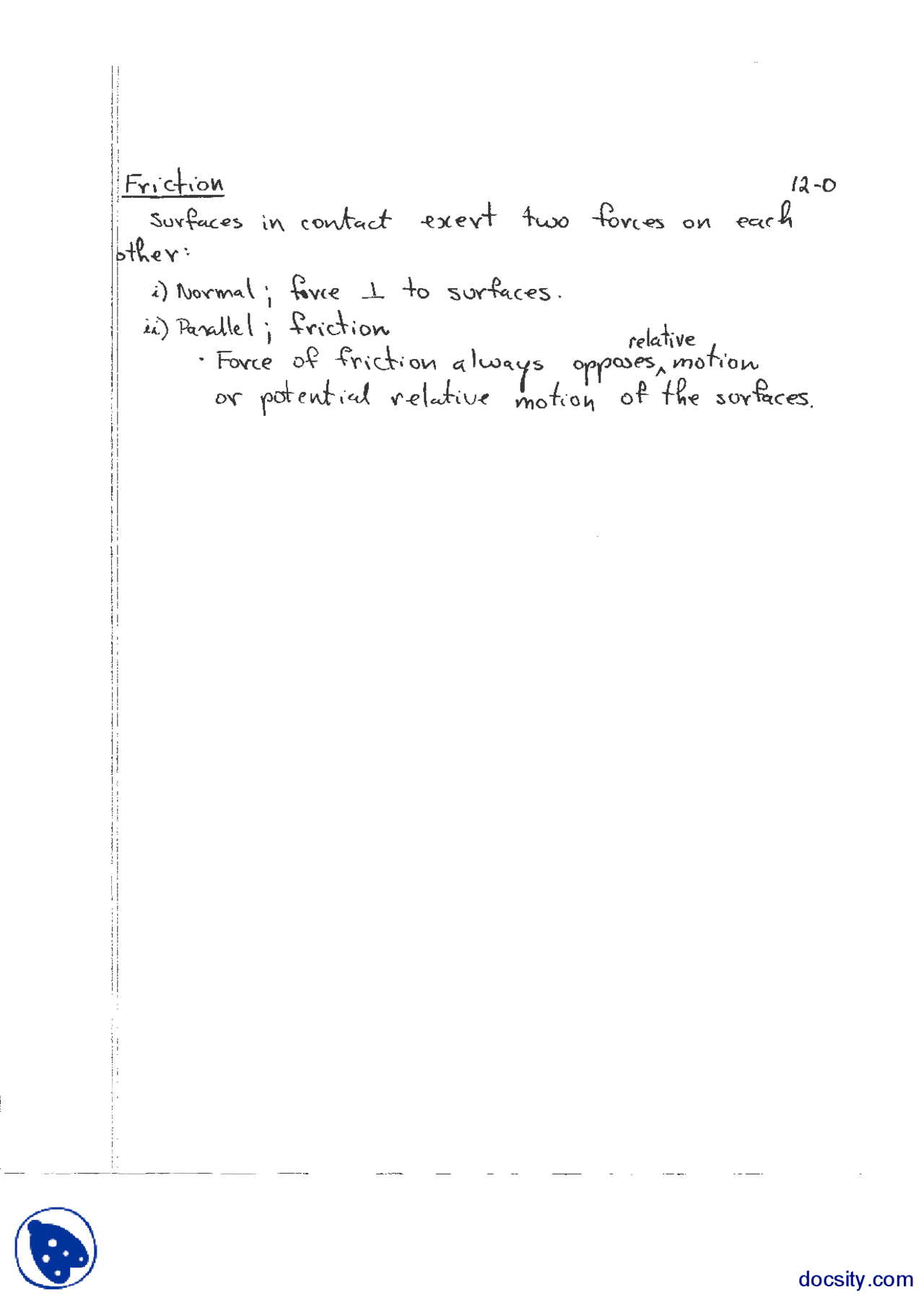 Friction Physics Lecture Notes Docsity