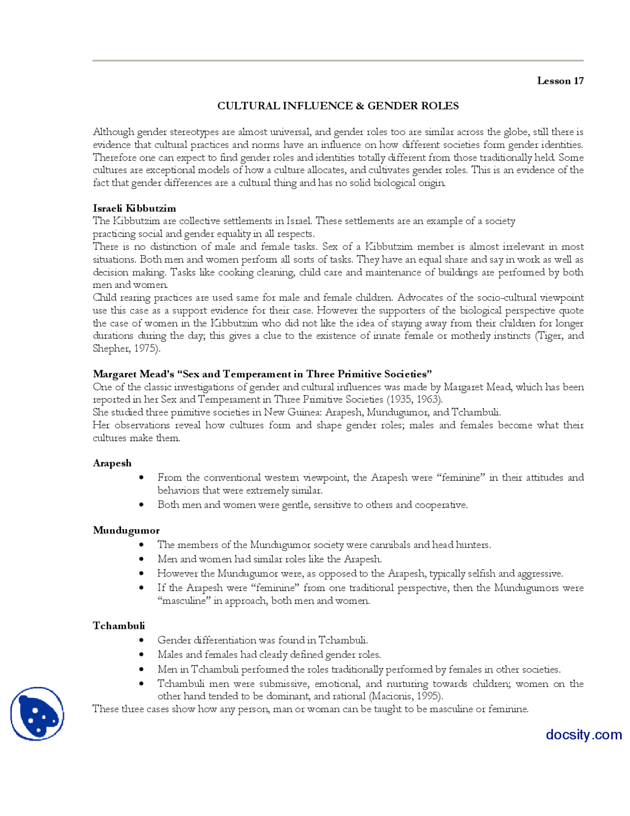 Cultural Influence And Gender Roles-Gender Psychology-Handouts - Docsity