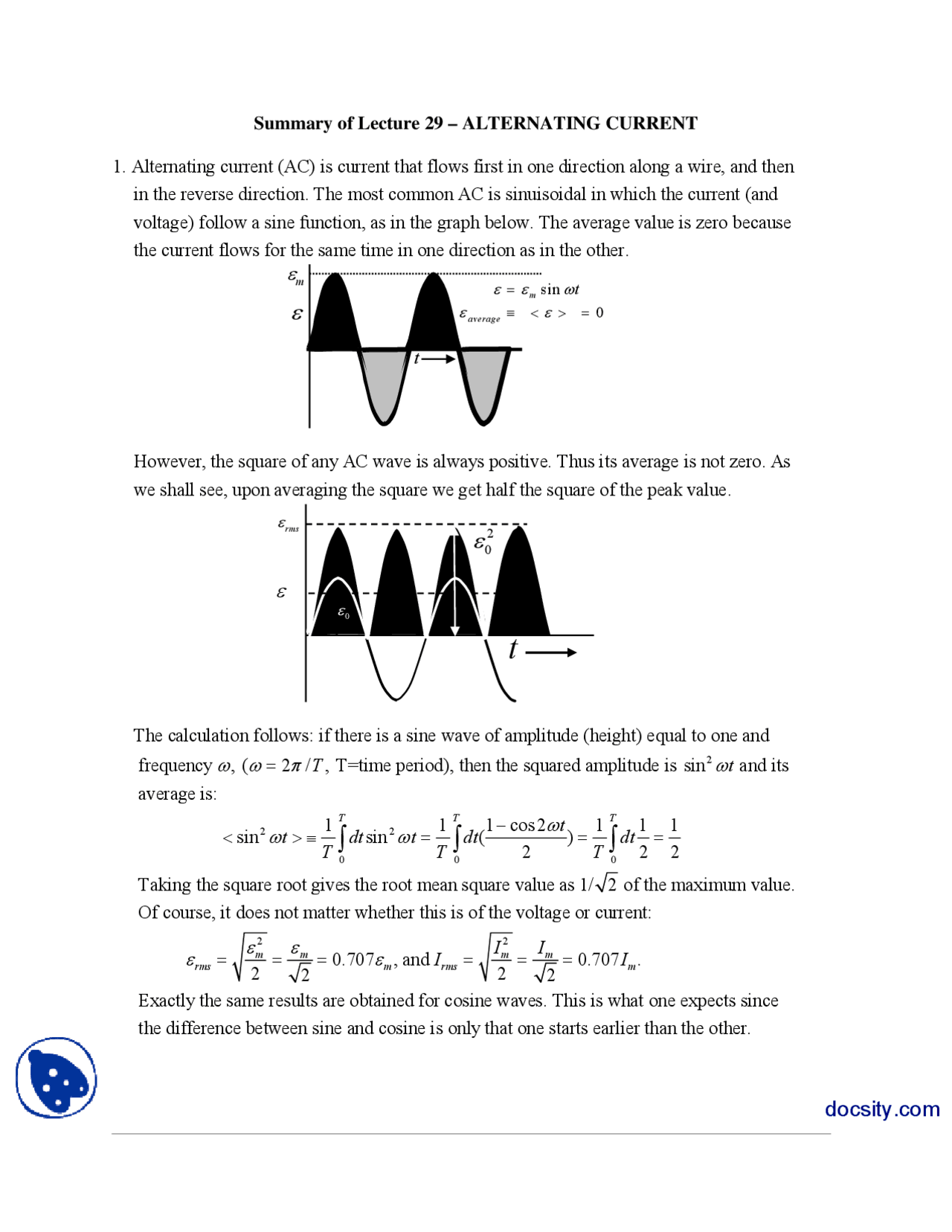 Alternating Current-Classical Physics-Handouts - Docsity