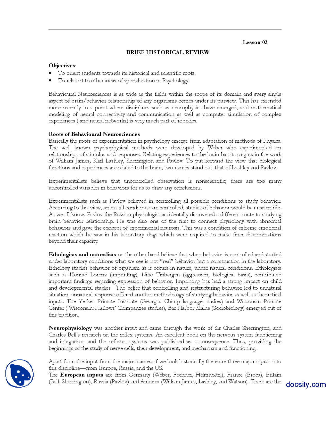 Brief Historical Review Neurological Basics Of Behaviour Handouts Docsity