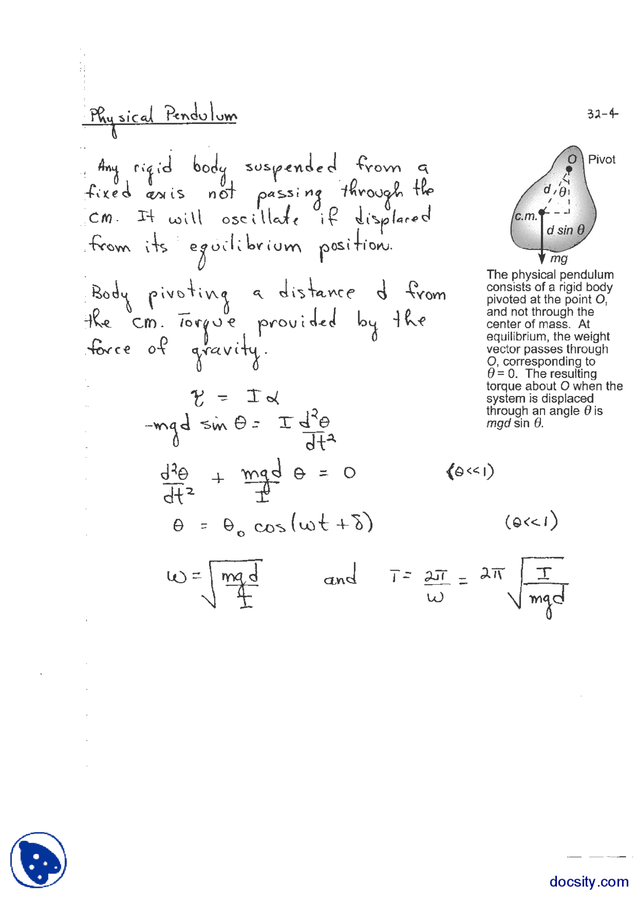 Physical Pendulum Physics Lecture Notes Study Notes Physics Docsity