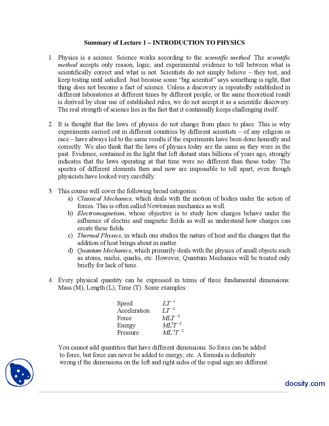 Introduction To Physics Classical Physics Handouts Docsity