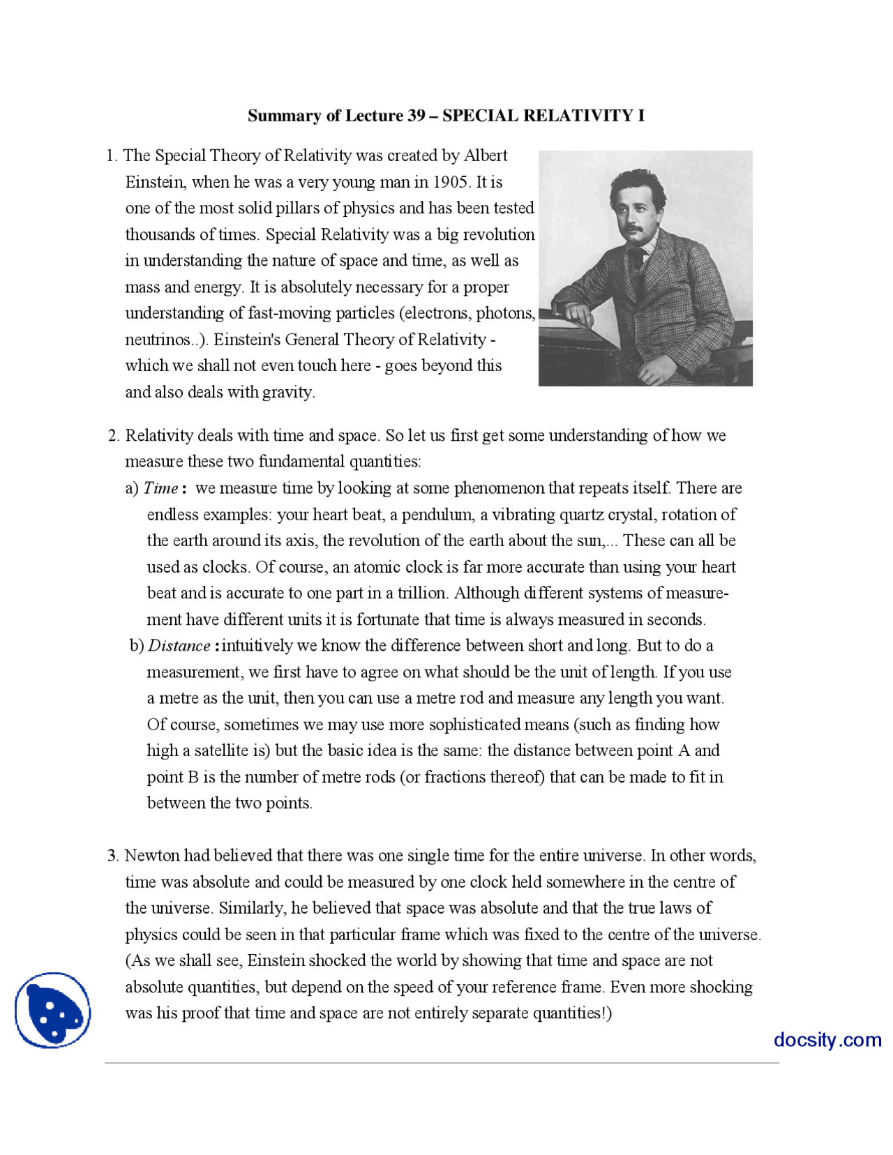 Special Relativity I Classical Physics Handouts Docsity