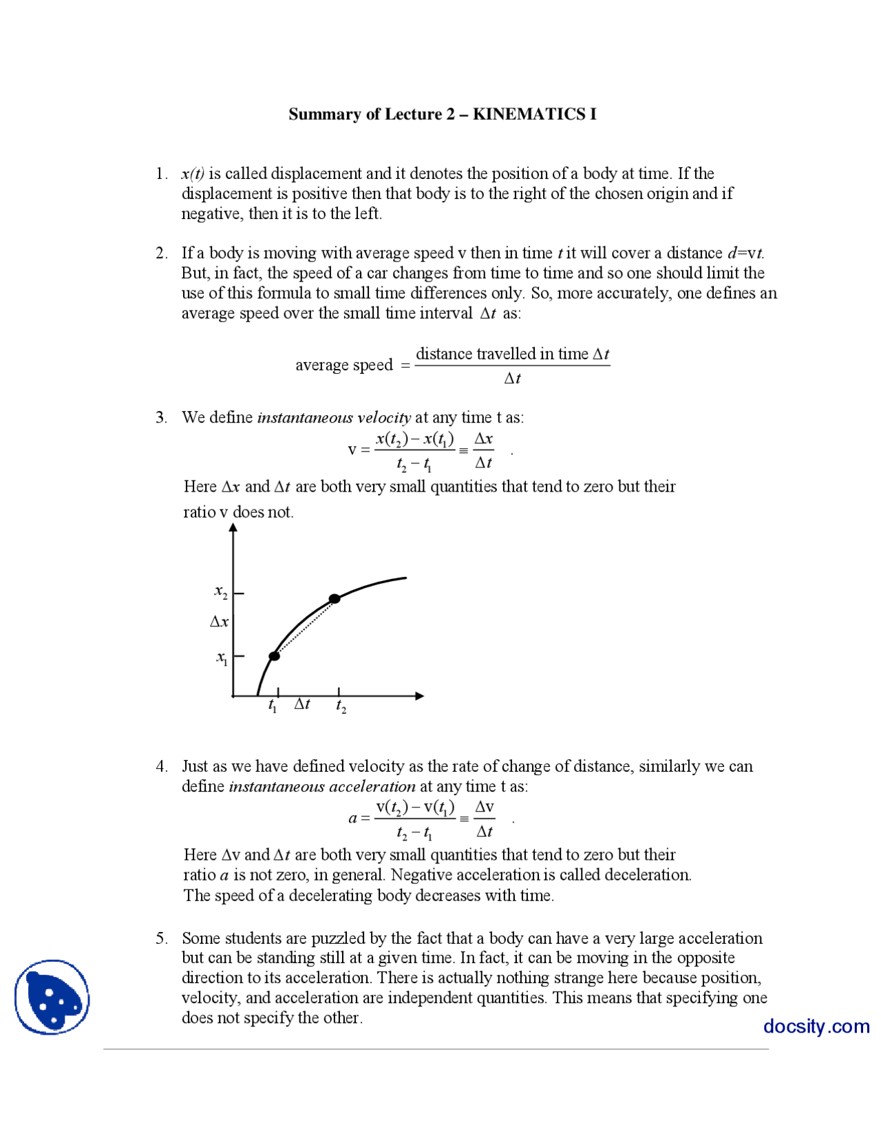 Kinematics I Classical Physics Handouts Docsity