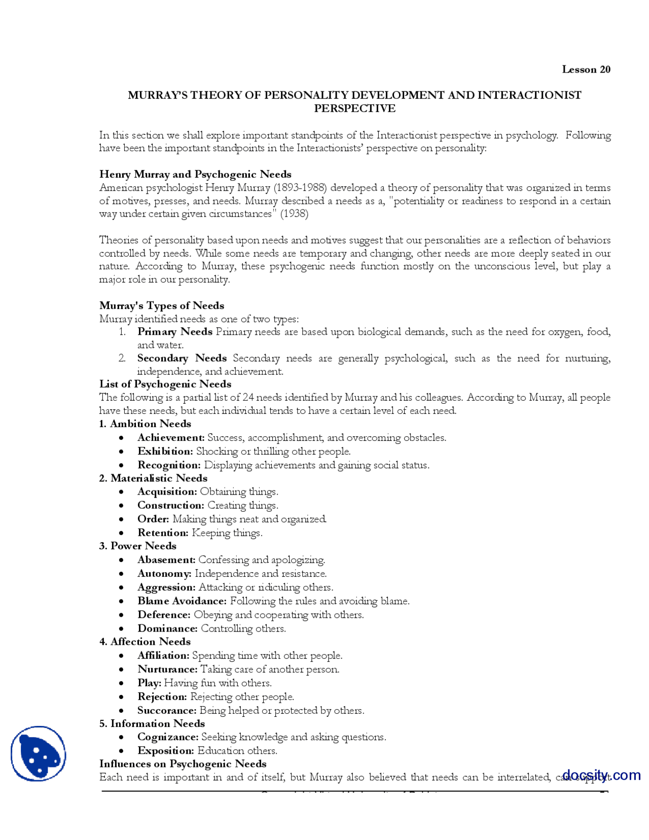 Murray’s Theory Of Personality Development And Interactionist ...