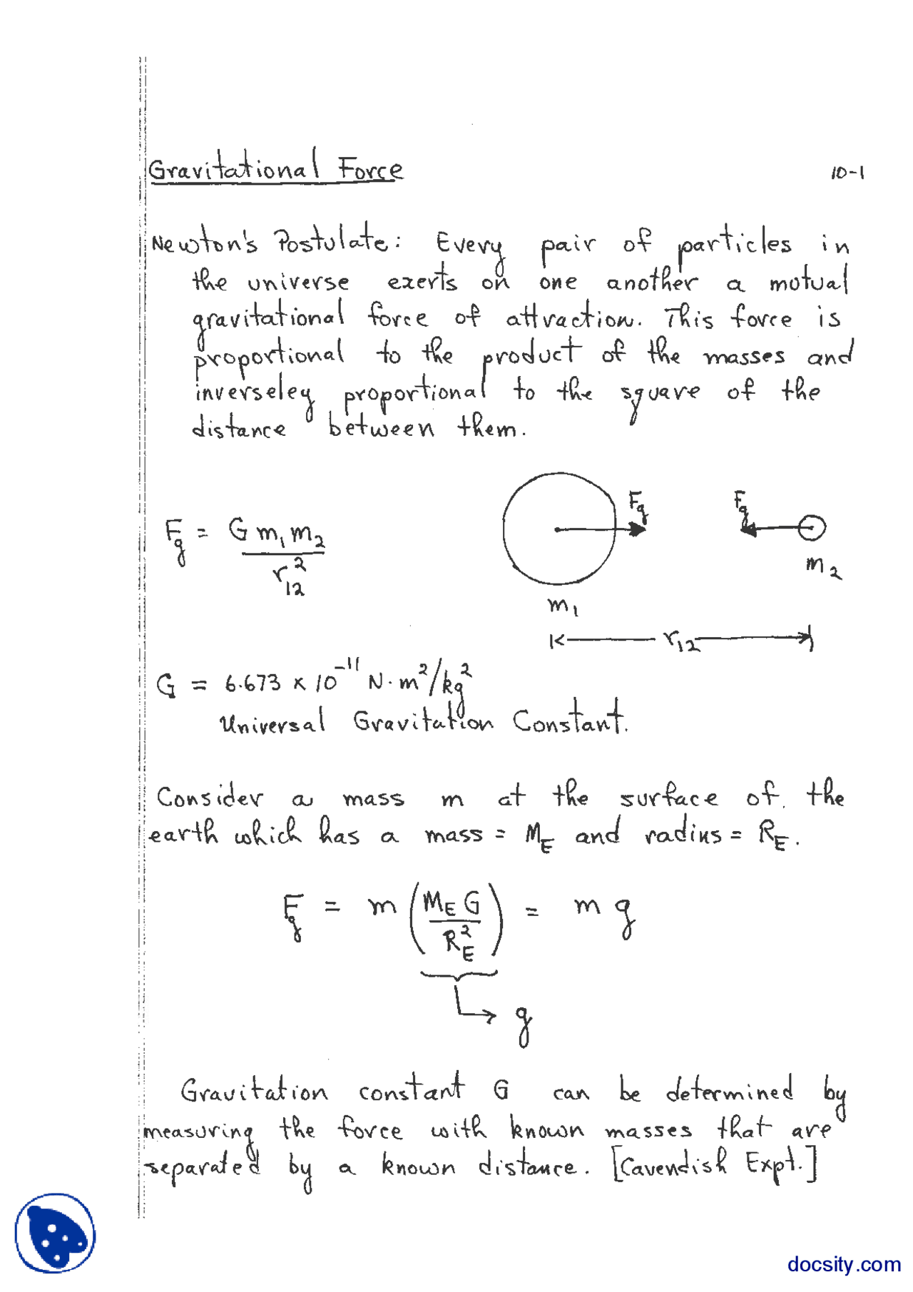 Gravitational Force Physics Lecture Notes Docsity