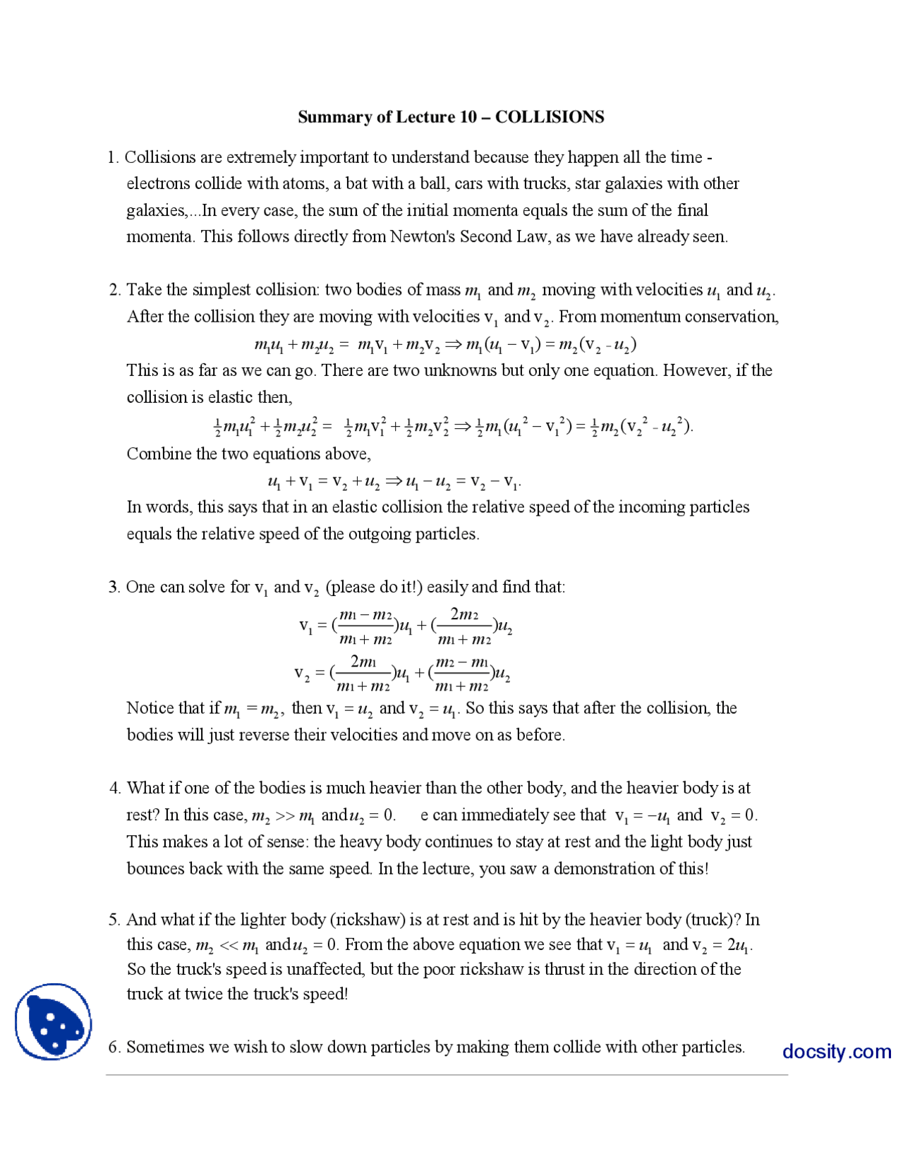 Collisions Classical Physics Handouts Docsity