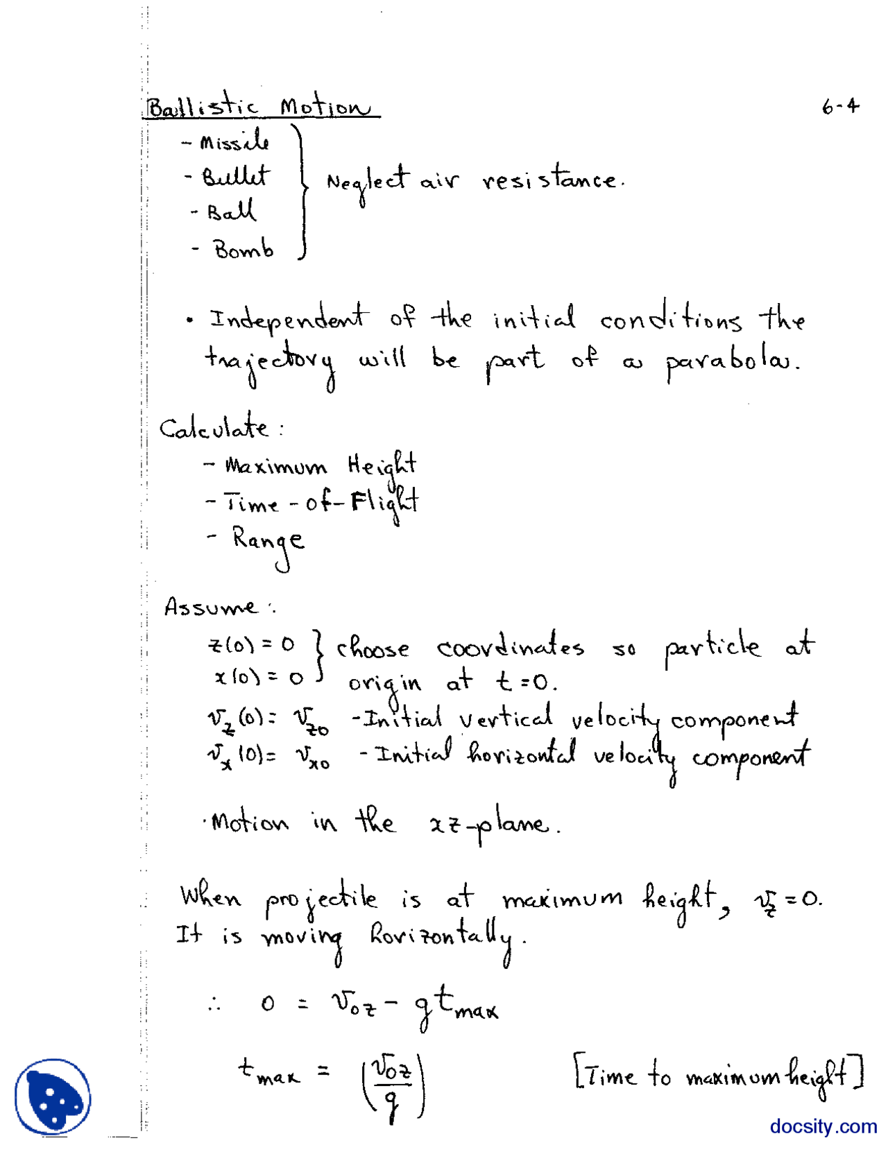 Ballistic Motion-Physics-Lecture Notes - Docsity