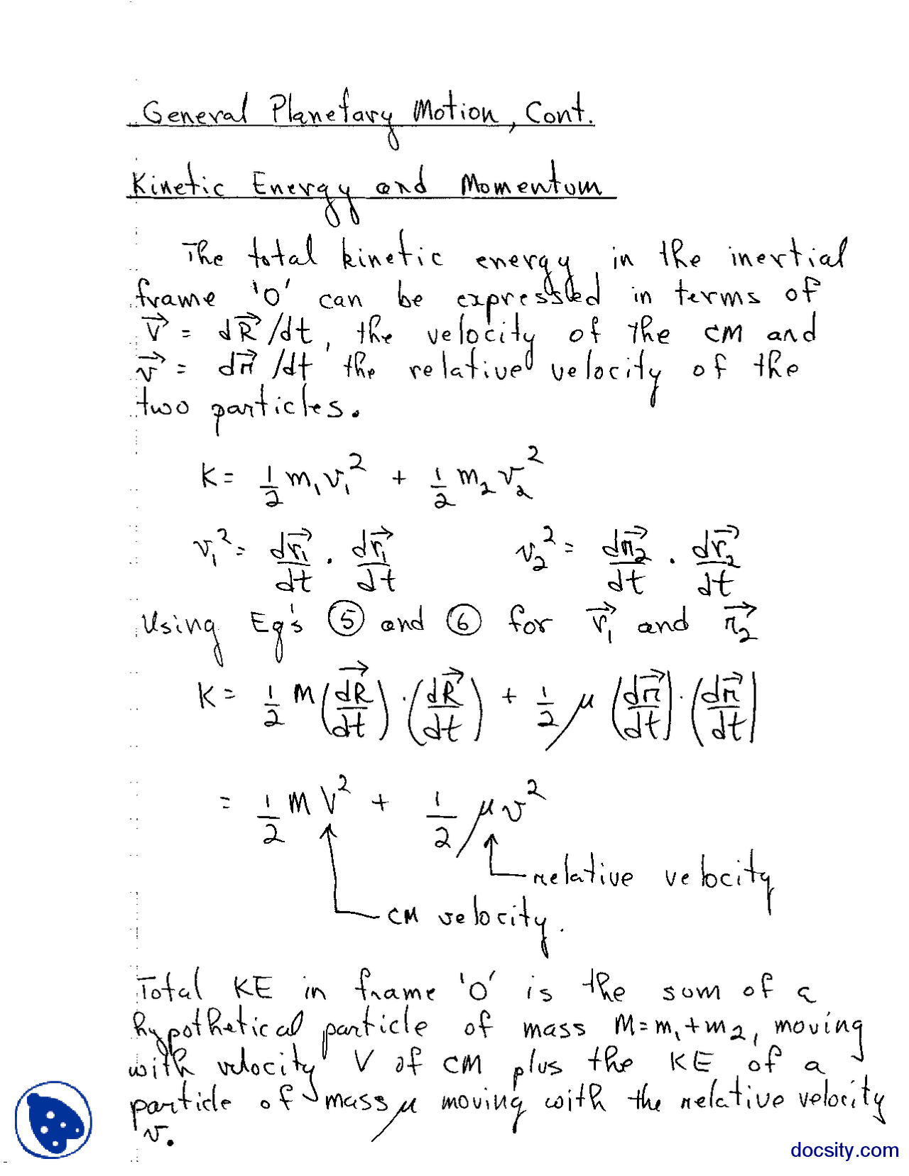 General Planetary Motion Physics Lecture Notes Docsity
