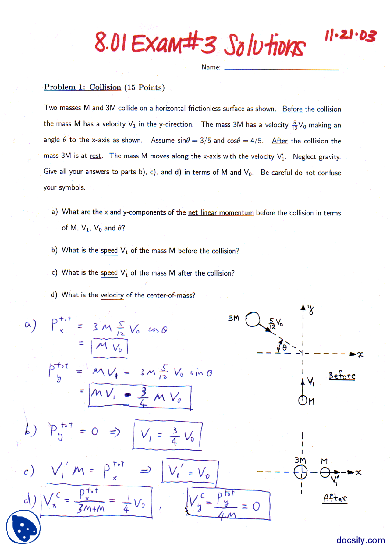 Collision Physics Exam Solution Docsity